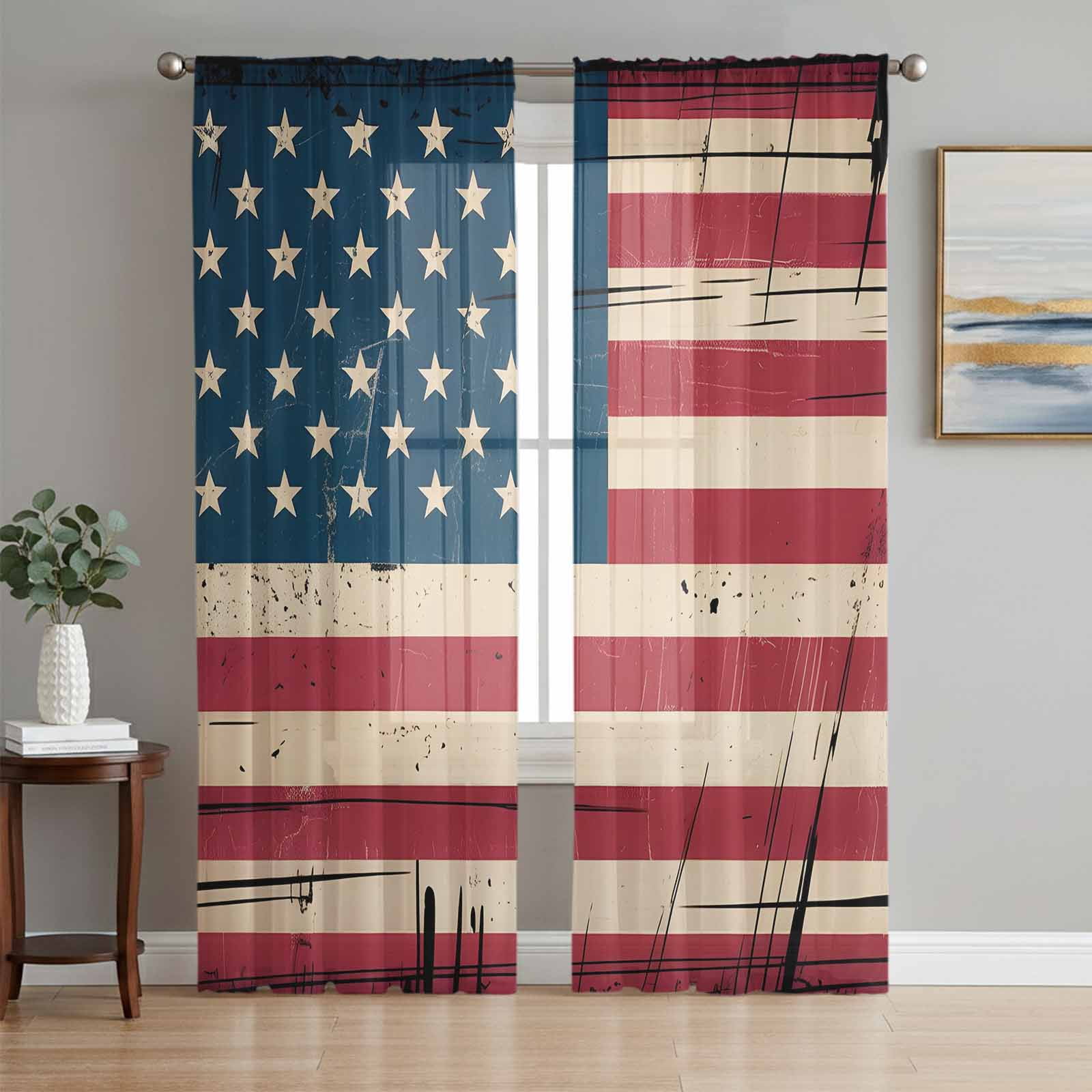 4 of July Sheer Curtains for Living Room Bedroom American Flag Vintage ...