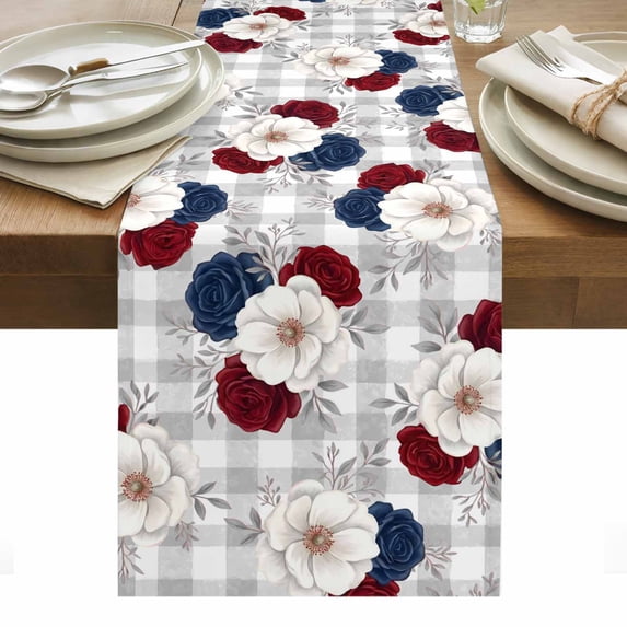 4 of July Table Runner Patriotic Blossom Flowers Roses Leaf Grey Plaid ...