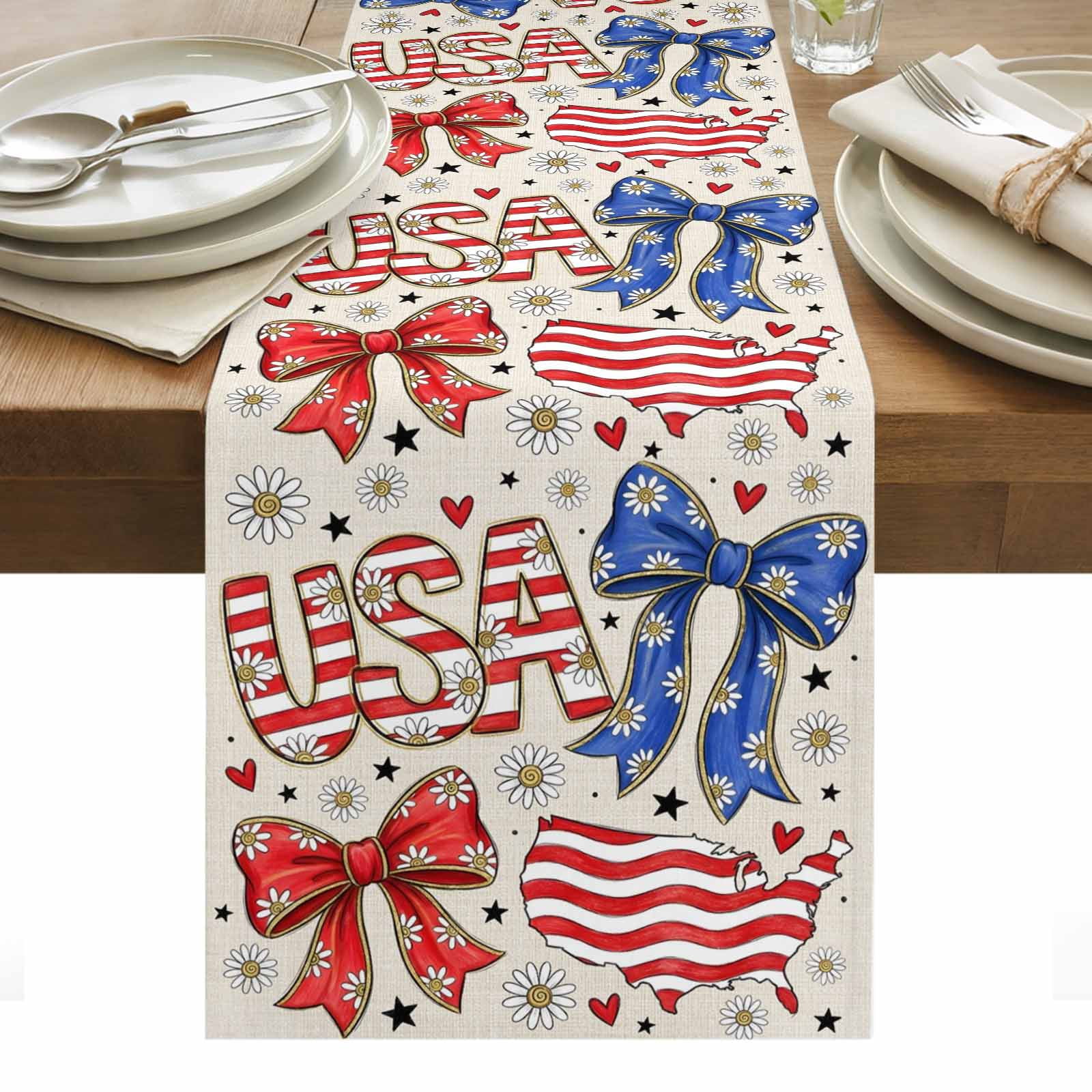 4 of July Table Runner Patriotic Red Stripes USA Flag Bows Farm Daisy ...
