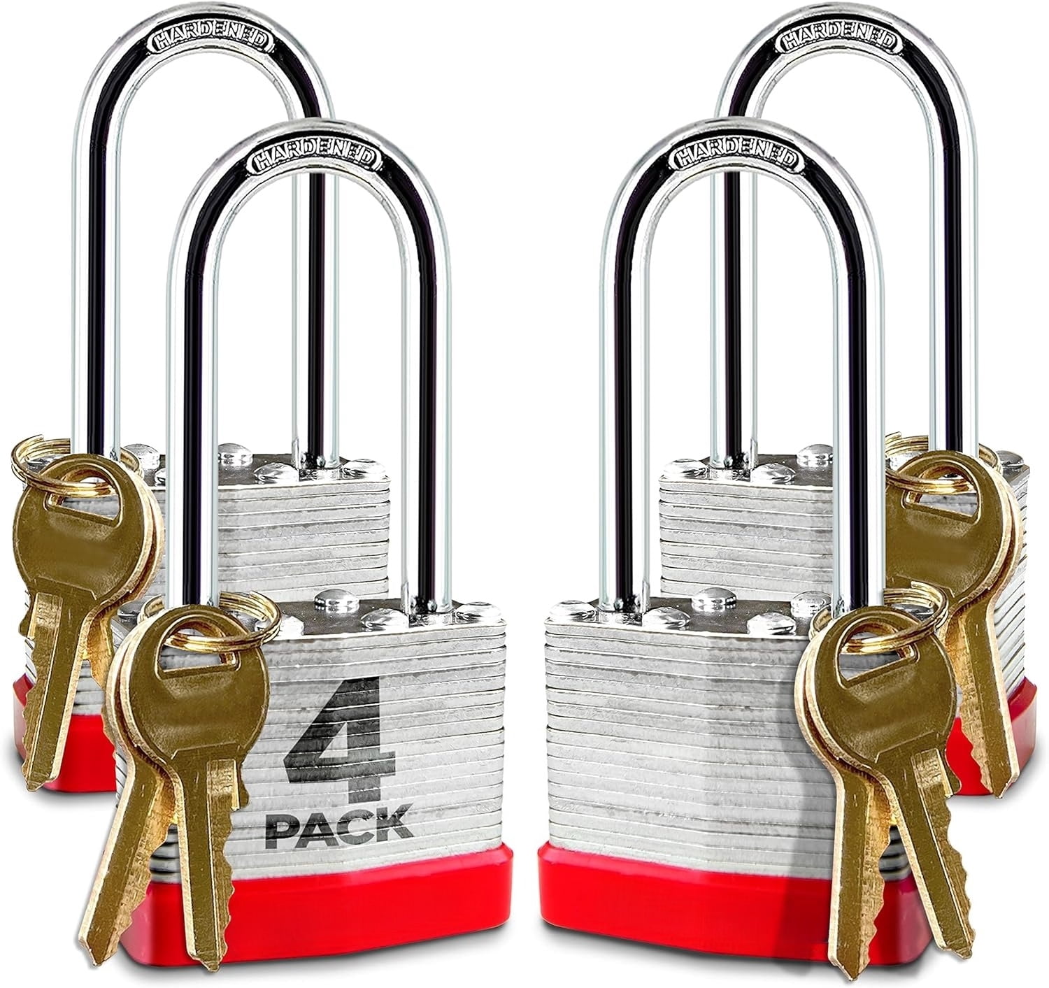 4 Keyed-Alike Padlocks w/ 2” Long Shackle, 8 Keys, Hardened Steel Pad ...