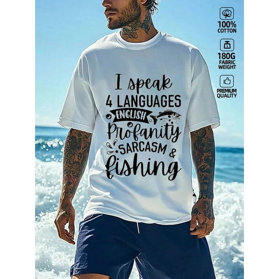 4 Languages Fishing fish print t-shirts mens 180G 100% Cotton white ...