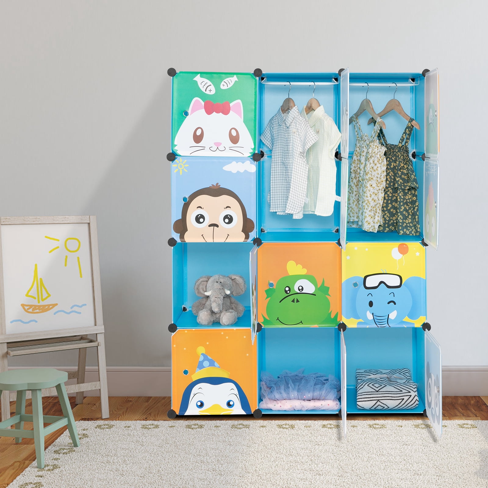 4-Layer Animal Pattern Wardrobe with 12 Grids & 2 Hanging Rods, Durable ...