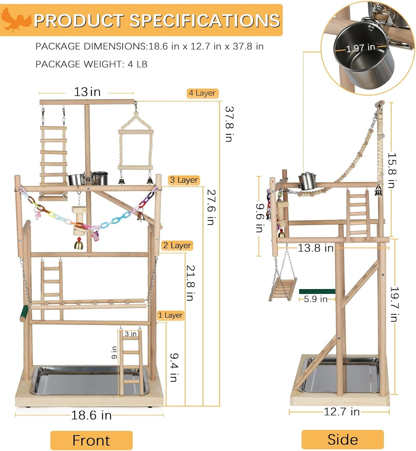 4-Layer Bird Playstand with Wood Perch Gym, Feeder Cups & Bells for ...