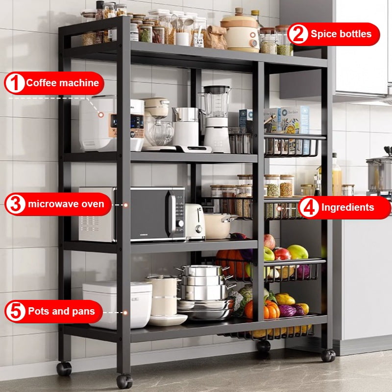 "4-Layer Black Mobile Storage Rack - Kitchen Cart with Wheels ...