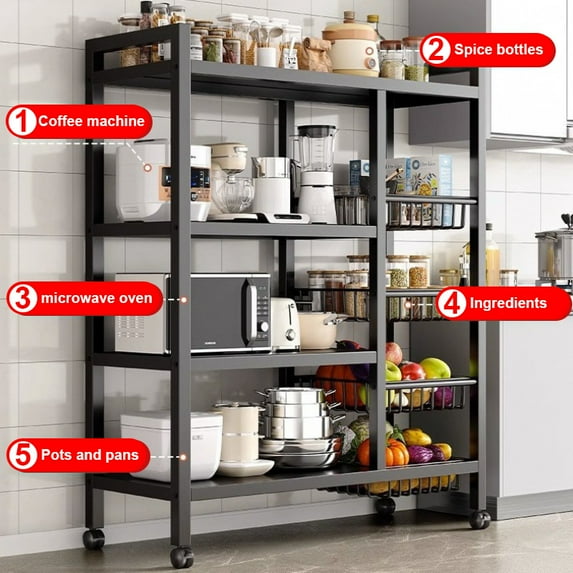 "4-Layer Black Mobile Storage Rack - Kitchen Cart with Wheels ...