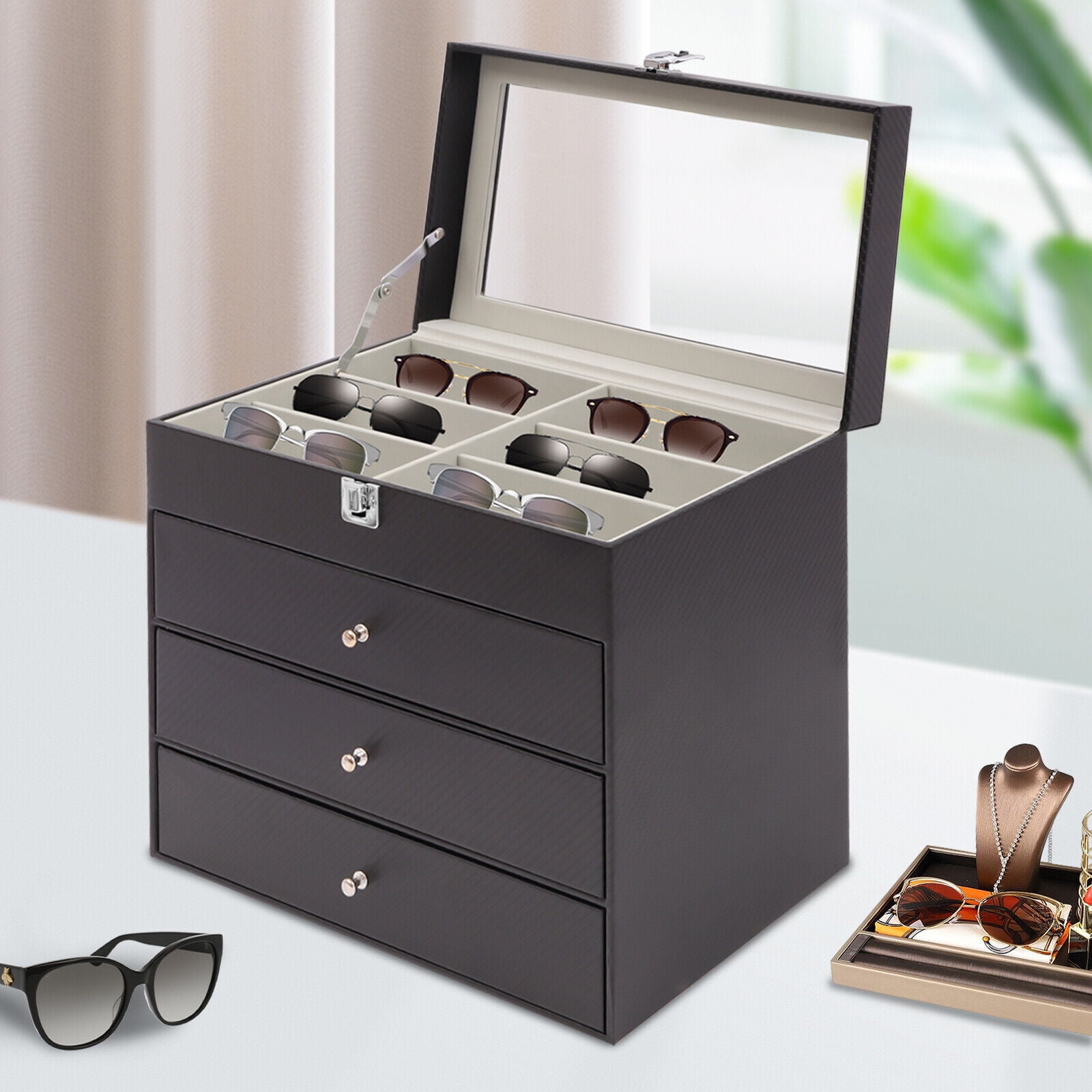 4 Layer Black Sunglasses Organizer for Women Men, 6 Watch Box Jewelry ...