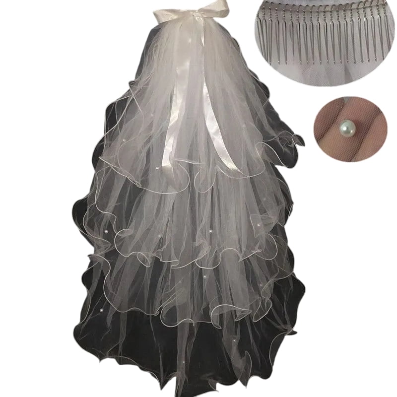 4-Layer Bridal Veil with Pearl Edging & Bow, Ethereal Forest Style ...