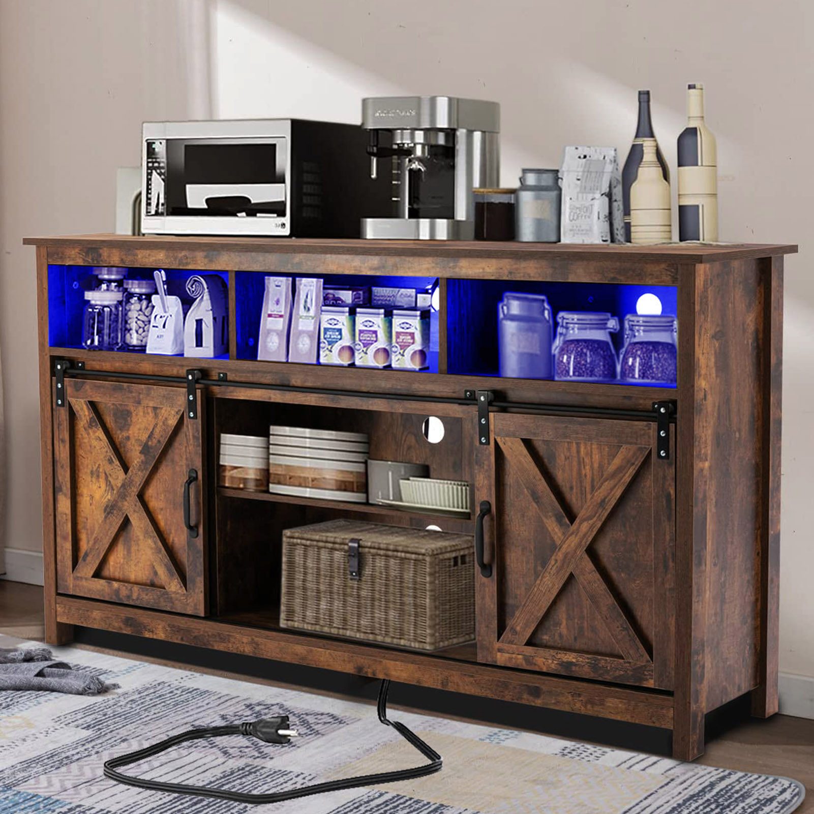 57" Farmhouse Coffee Bar Cabinet with LED Light & Outlet & Charging ...