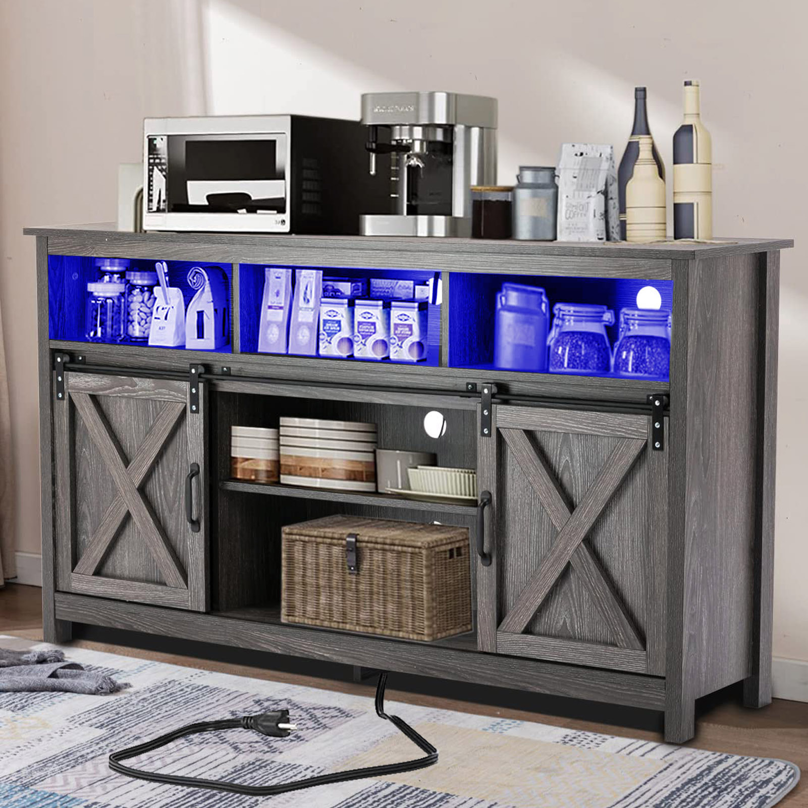 Farmhouse 4-Layer Coffee Bar Cabinet with Power Outlet & LED ...