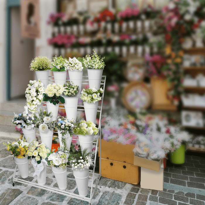 4-Layer Flower Display Stand with Buckets, Movable Metal Flower Bar ...