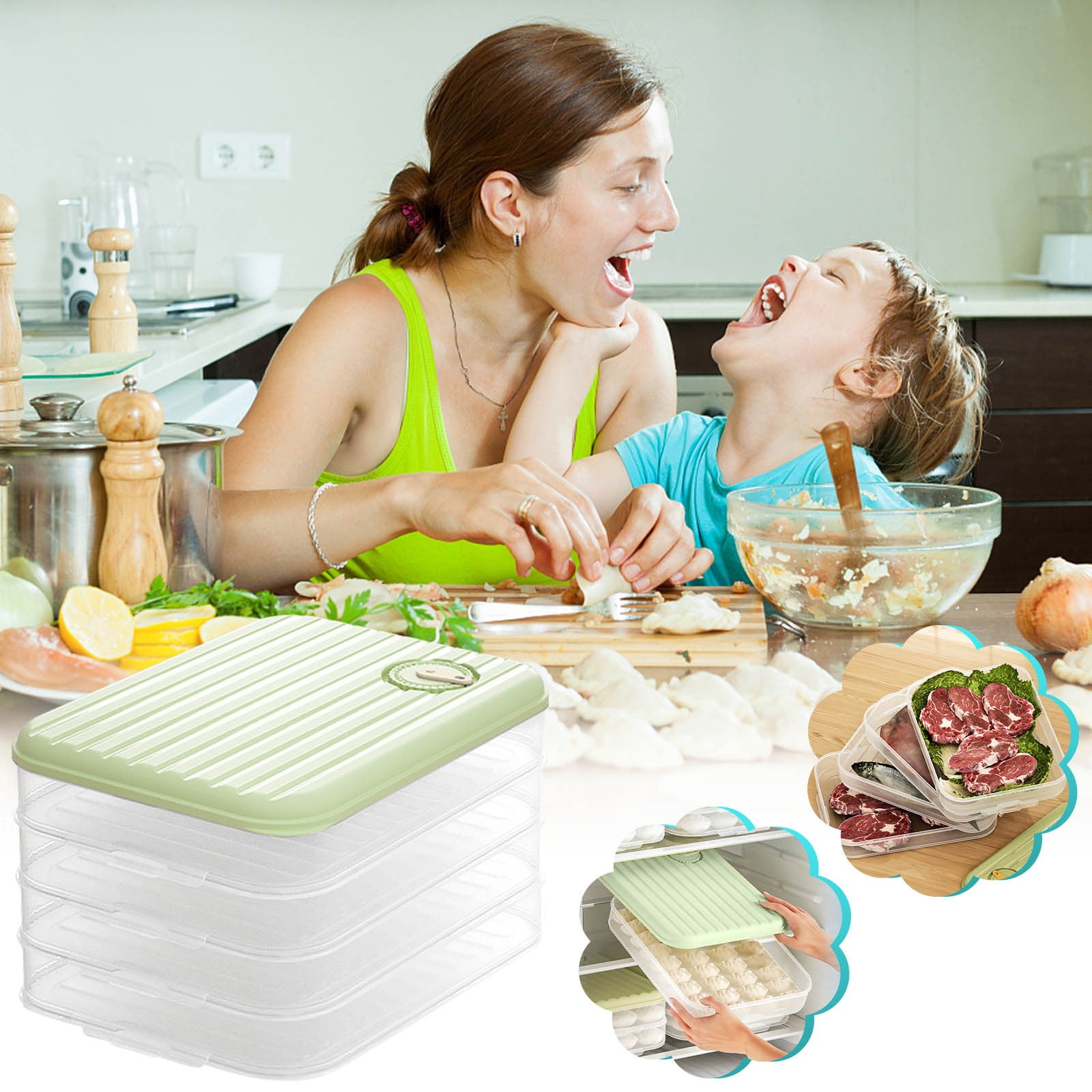 4-Layer Frozen Dumpling Storage with Lids & Timing, Flat Stacks Food ...
