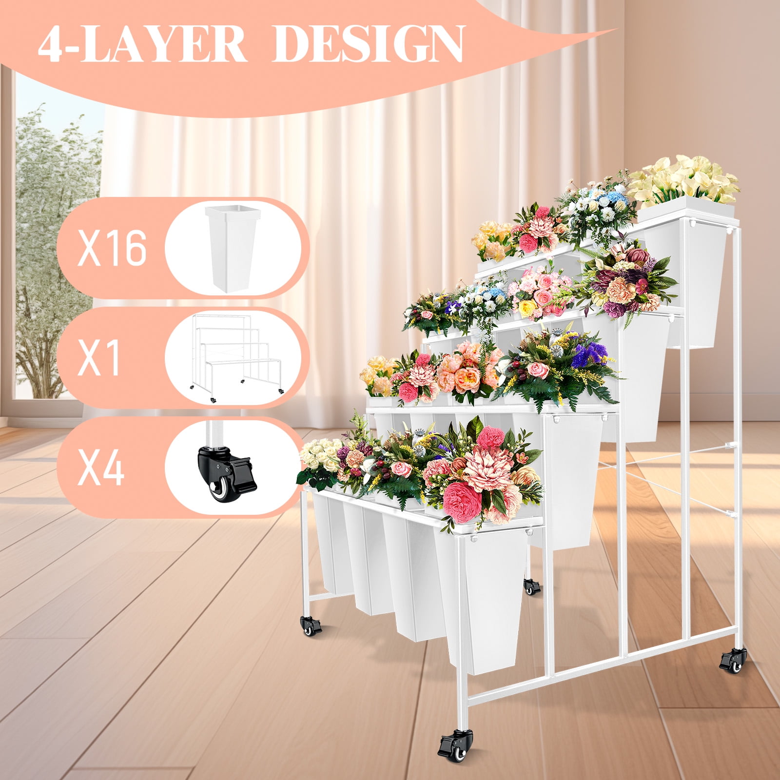 4-Layer High-Quality White Flower Cart Display Stand with Buckets ...