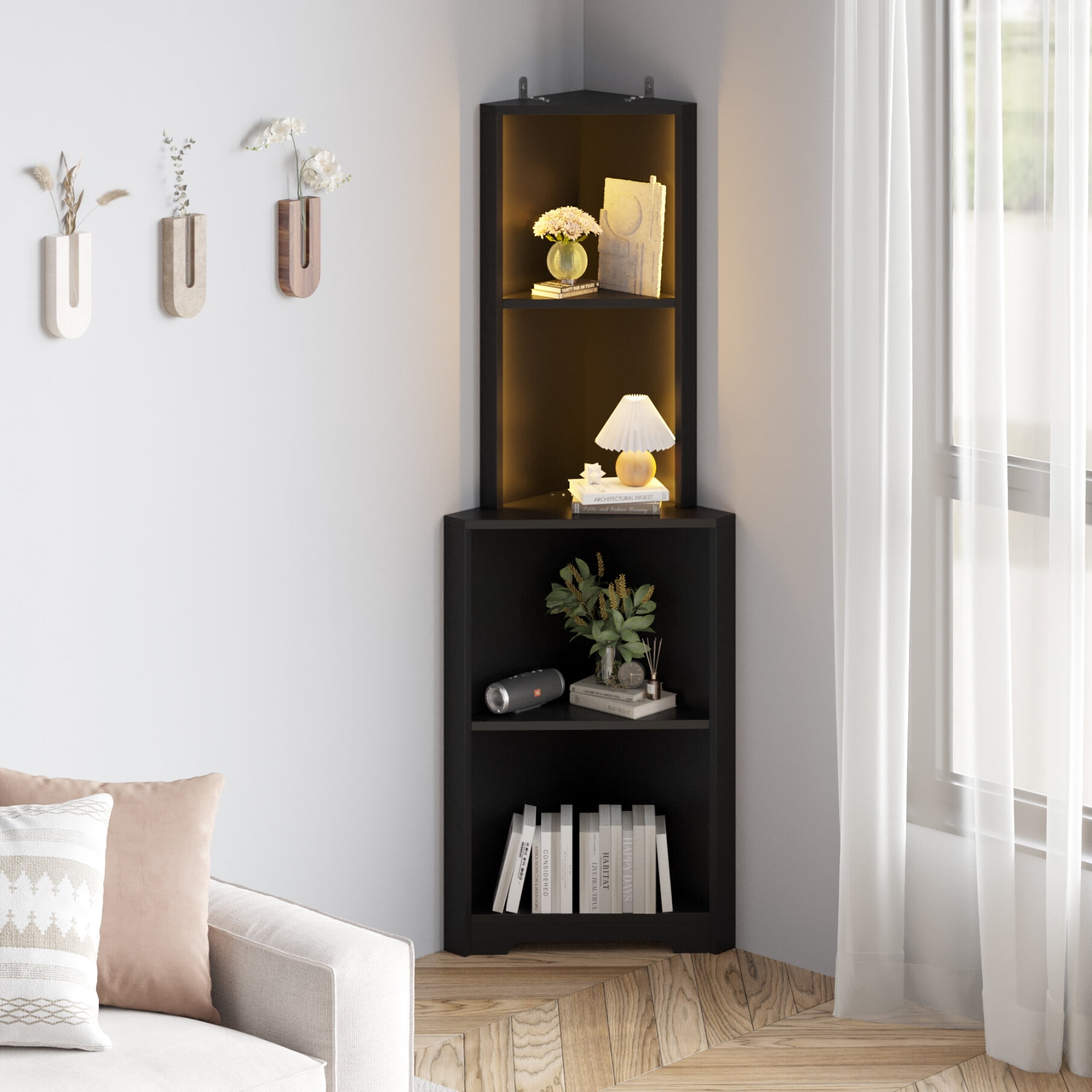 4-Layer L-Shaped Corner Display Rack, Particle Board Storage Rack with ...