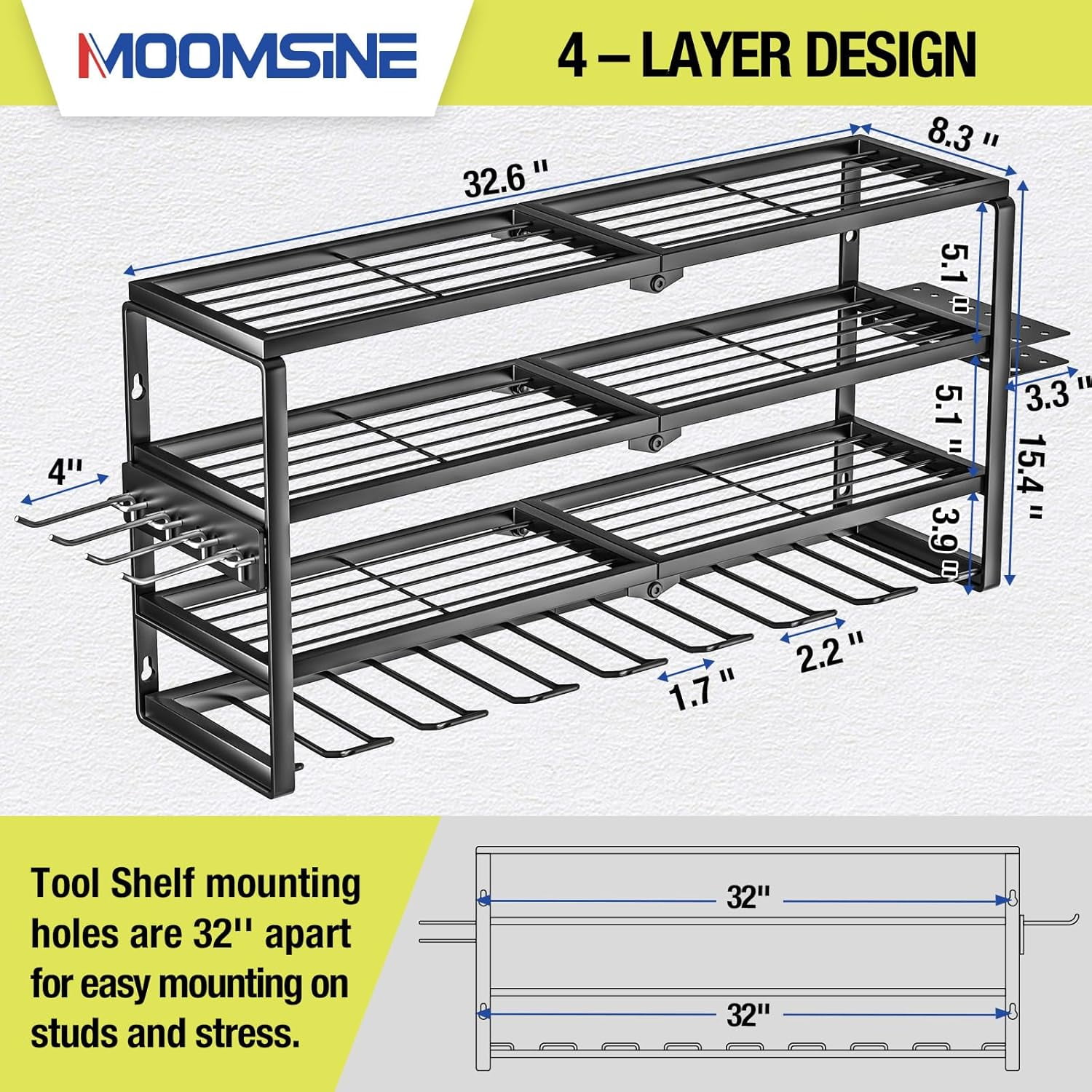 4 Layer Power Tool Organizer Wall Mount, Battery Tools Holder with ...