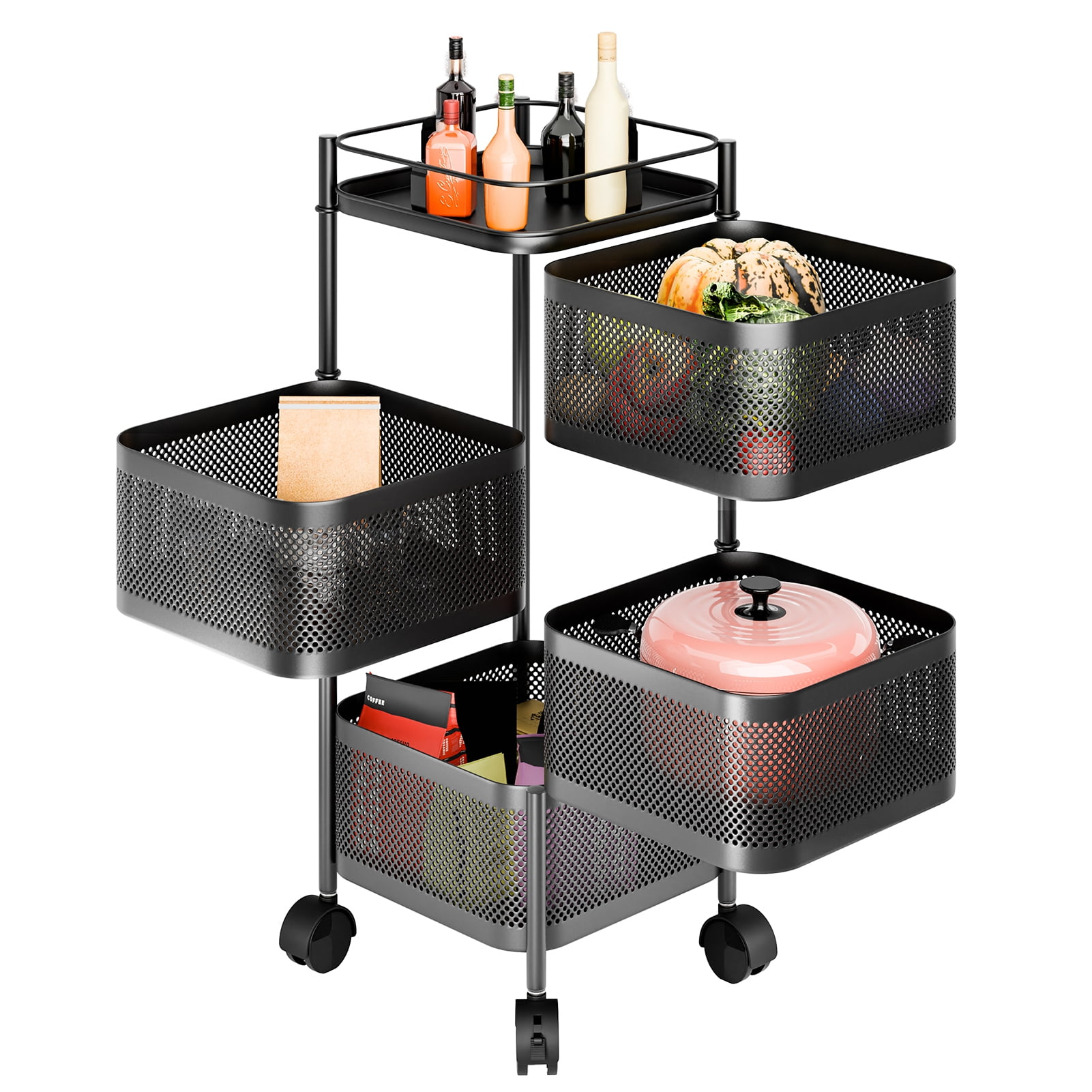 4-Layer Rotating Kitchen Storage Cart on Wheels, Fruit & Vegetable ...