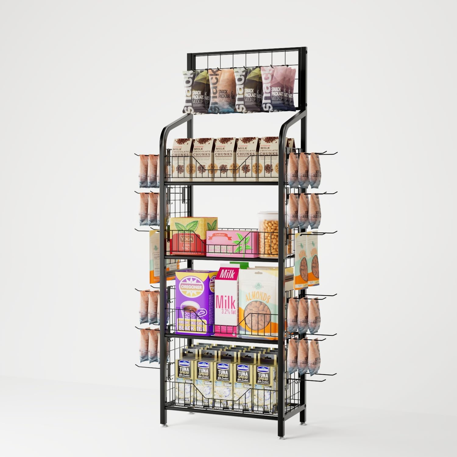 4-Layer Snack Display Stand, Retail Display Shelves with 30 Hooks ...