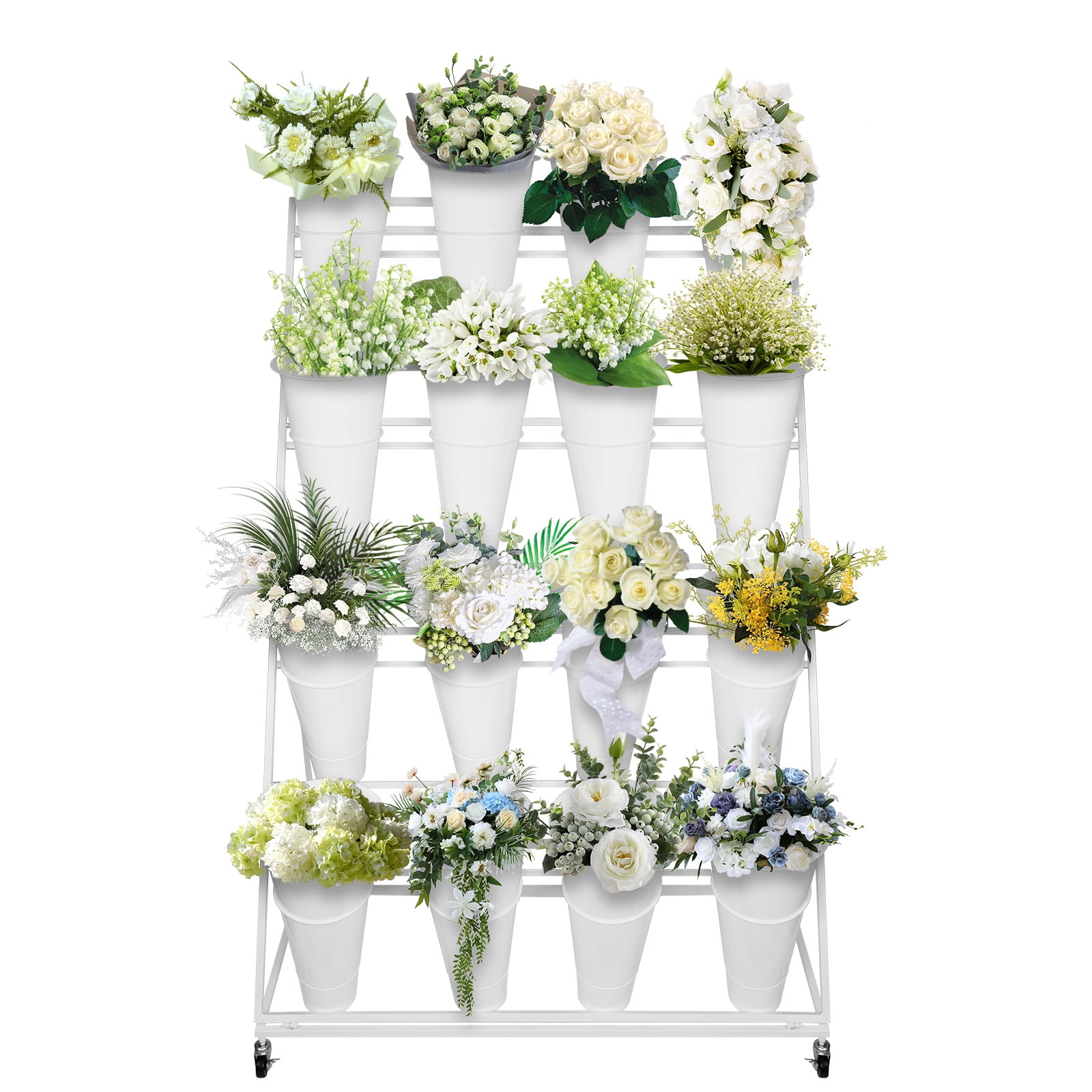 4 Layers 16 PCS Round Buckets Movable Metal Flower Display Plant with ...