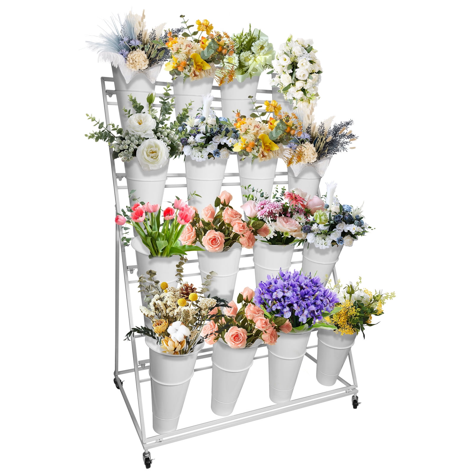 4 Layers 16 PCS Round Buckets Movable Metal White Flower Display Plant ...