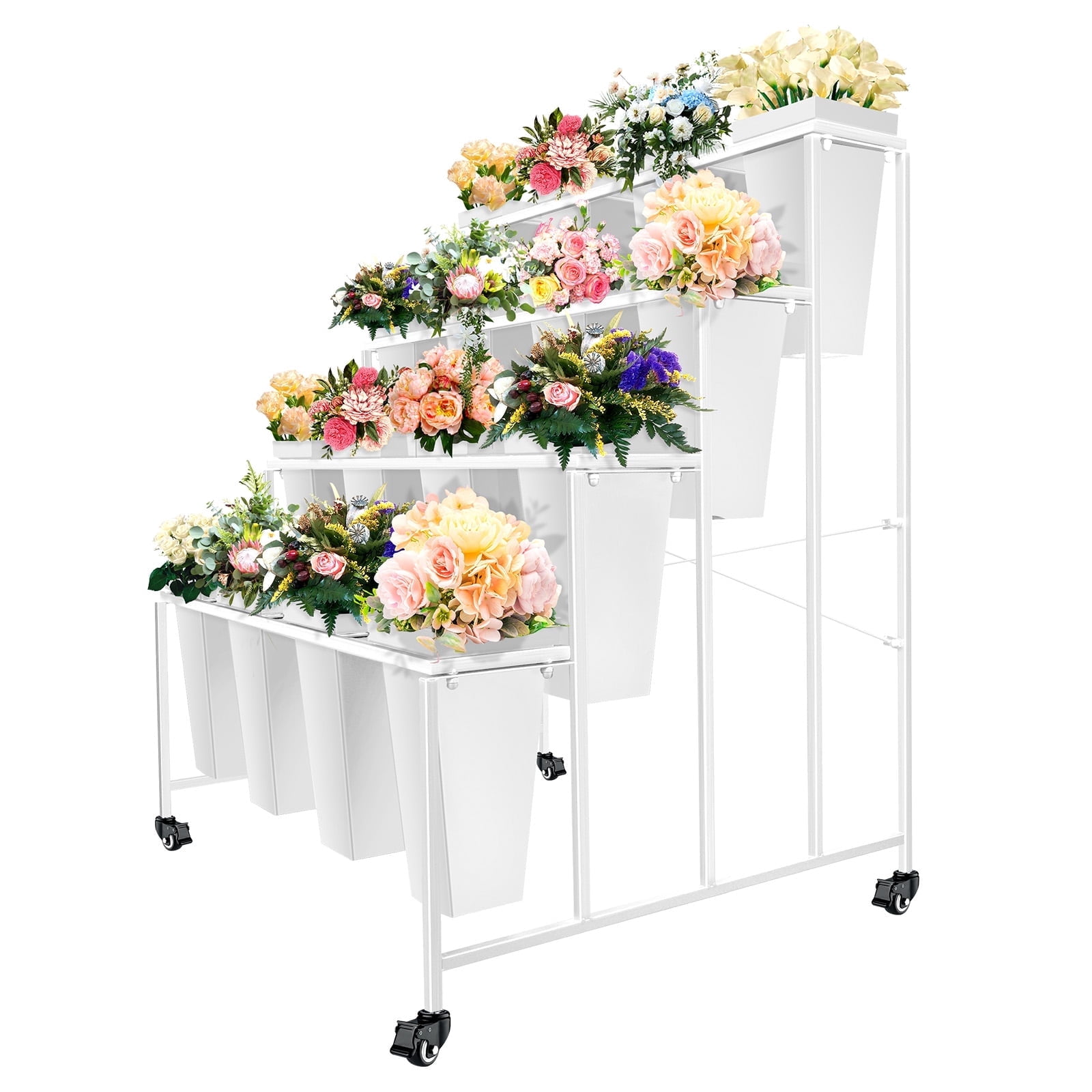 4 Layers 16 PCS Square Buckets Movable Metal White Flower Display Plant ...