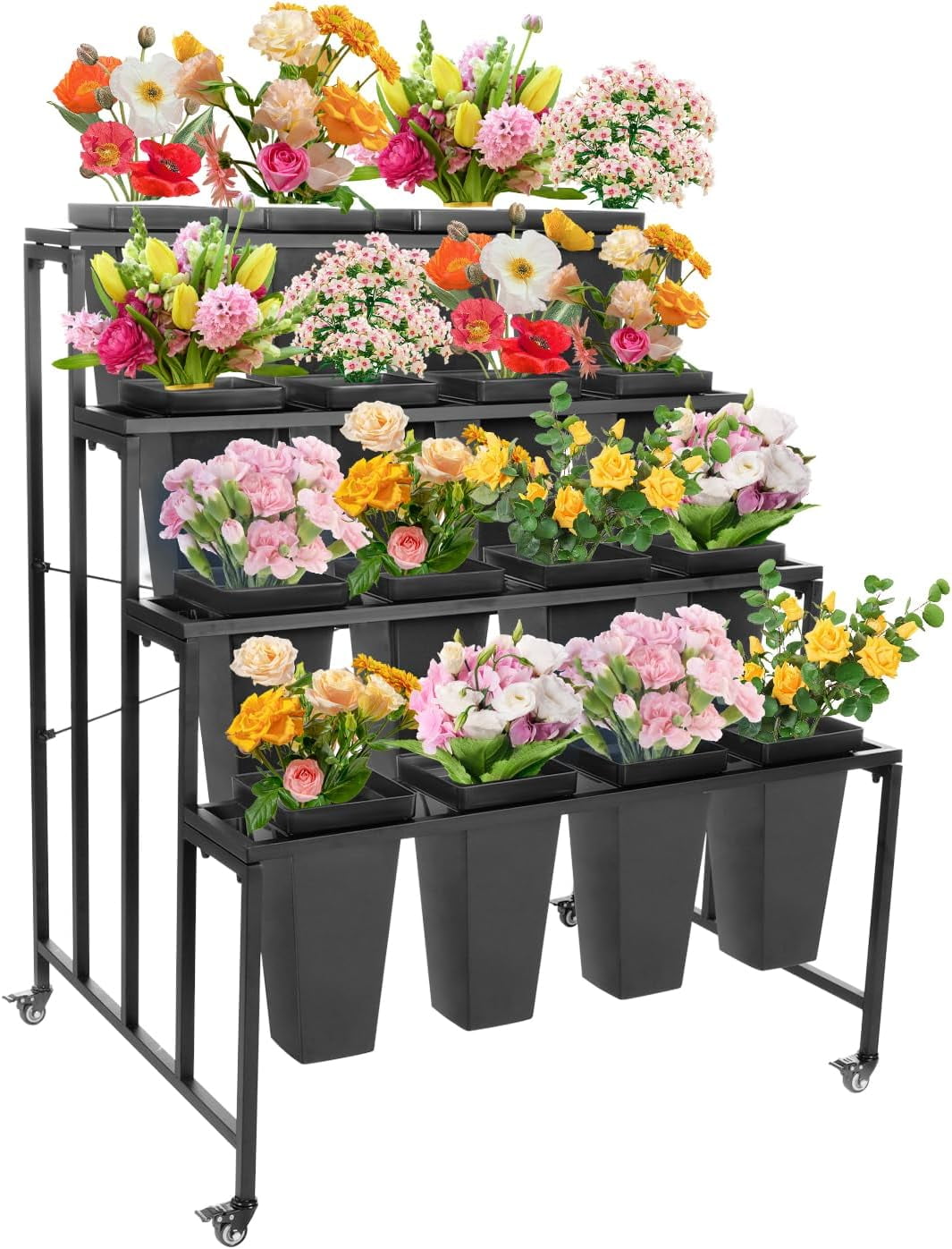 4 Layers Flower Display Stand with 16 Buckets Plant Stand with Wheels ...