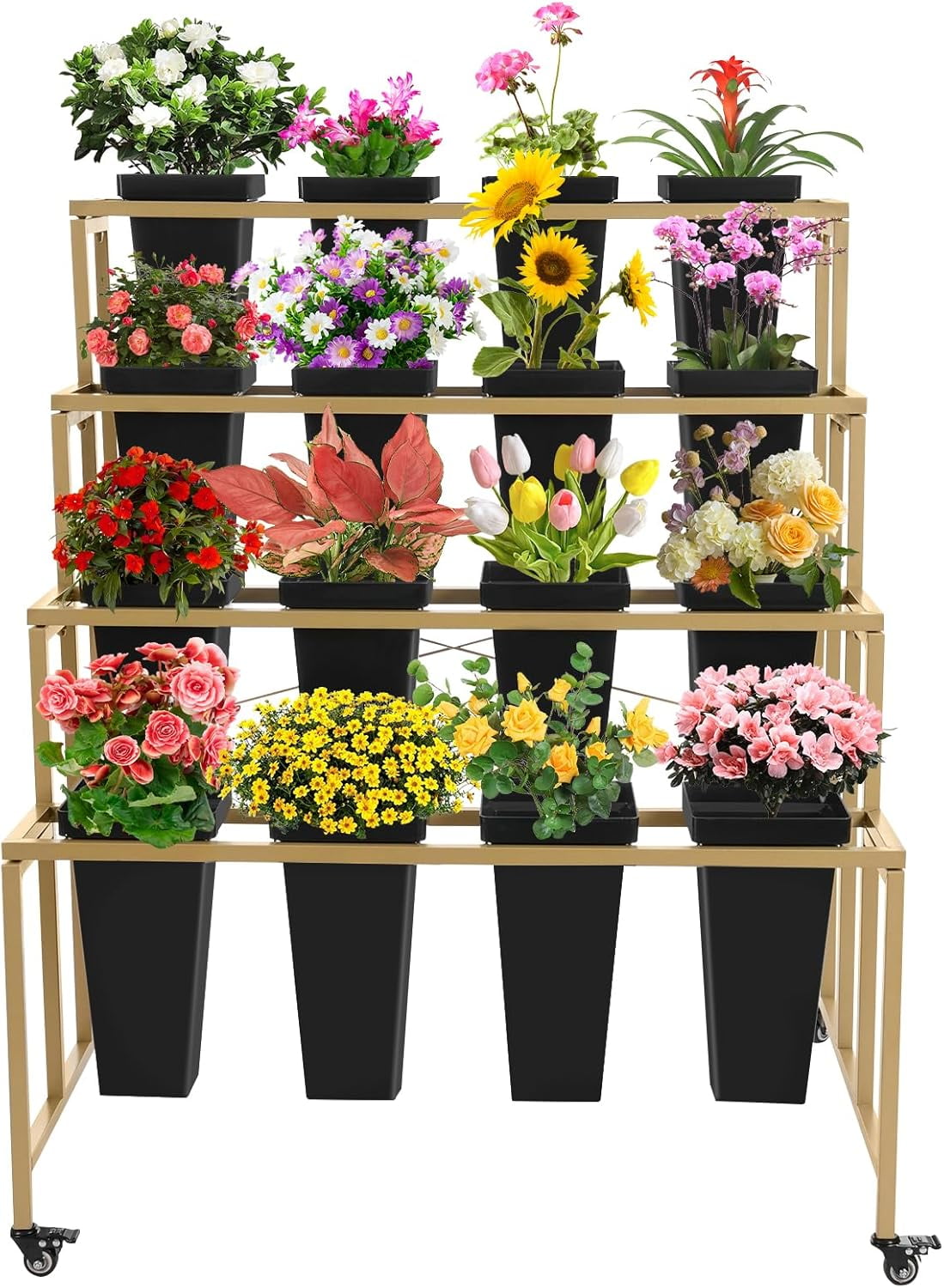 4 Layers Flower Display Stand with 16 Buckets Plant Stand with Wheels ...