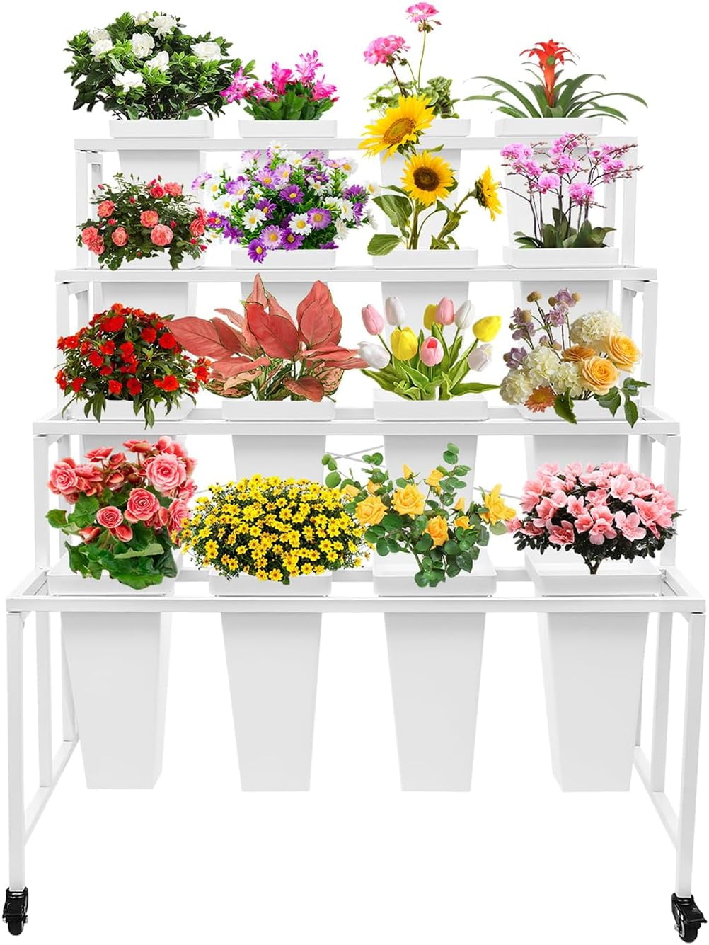 4 Layers Flower Display Stand with 16 Buckets Plant Stand with Wheels ...