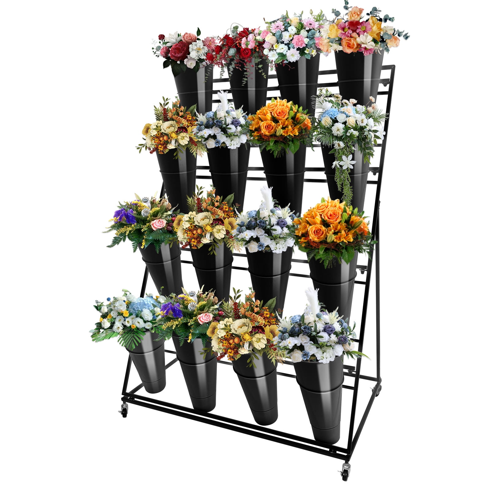 4 Layers Flower Display Stand, 16 Round Buckets Metal Cart with 360 ...