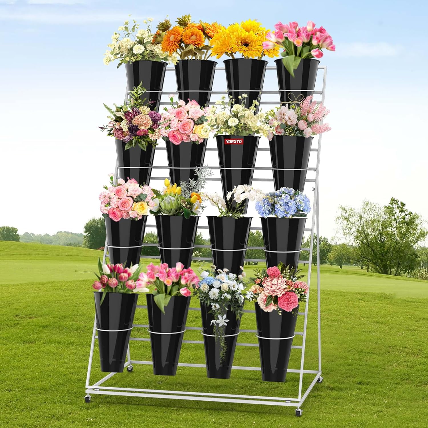 4 Layers Flower Display Stand with Buckets, 16 PCS Buckets Plant Stand ...