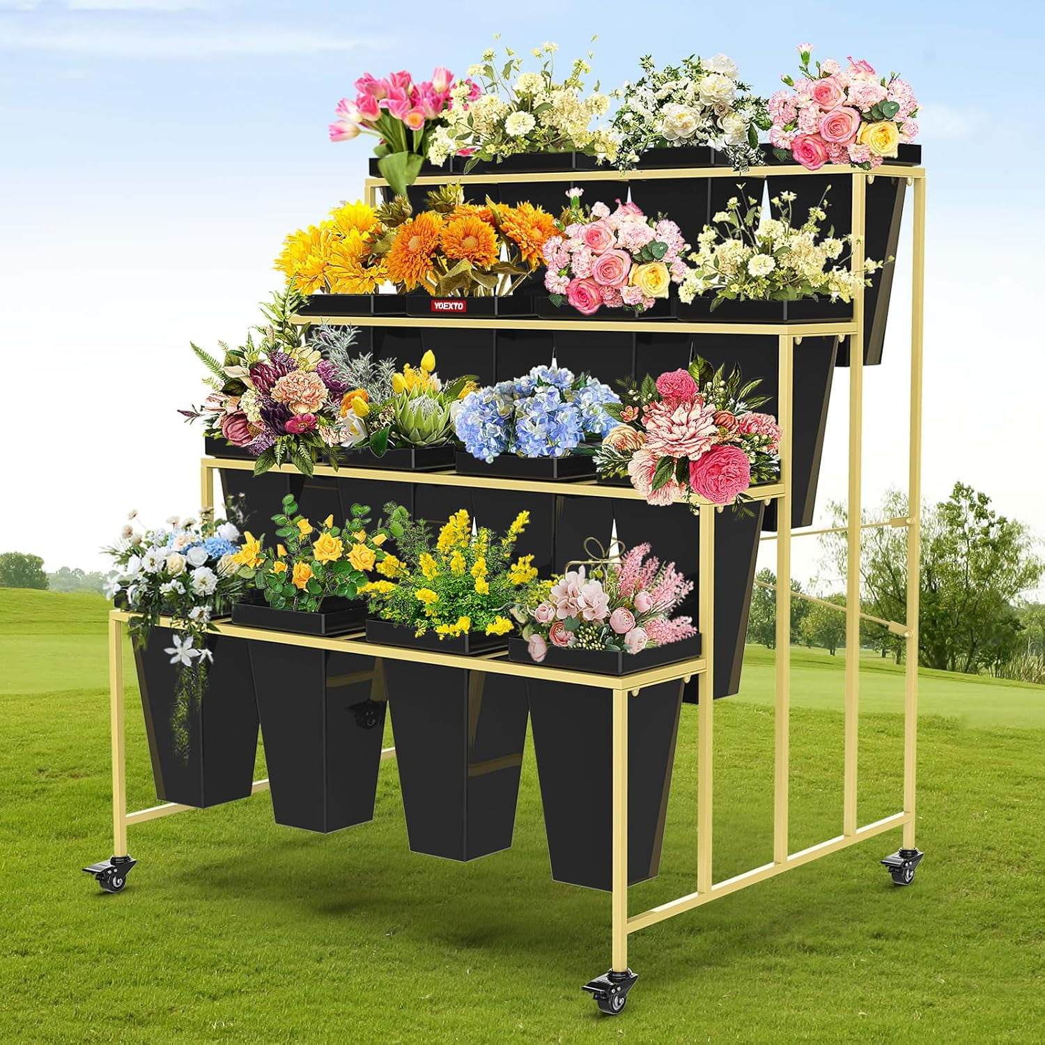 4 Layers Flower Display Stand with Buckets, 16 PCS Buckets Plant Stand ...