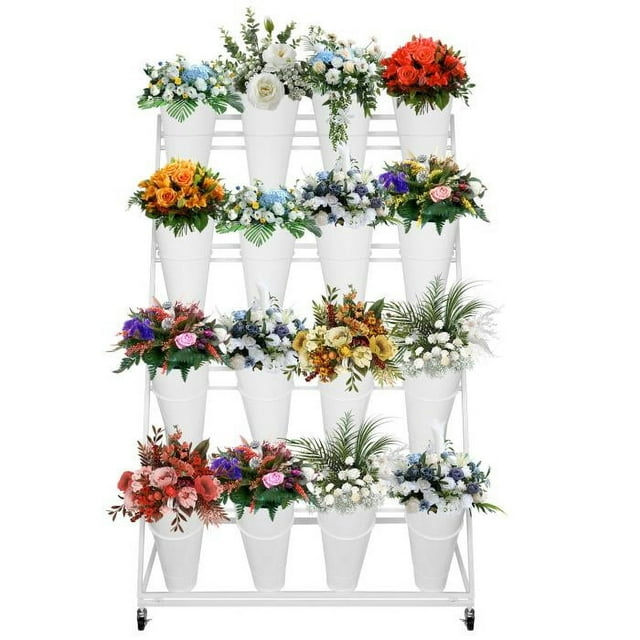 4 Layers Heavy-Duty Flower Stand, 16 White Buckets, Rust-Resistant Iron ...
