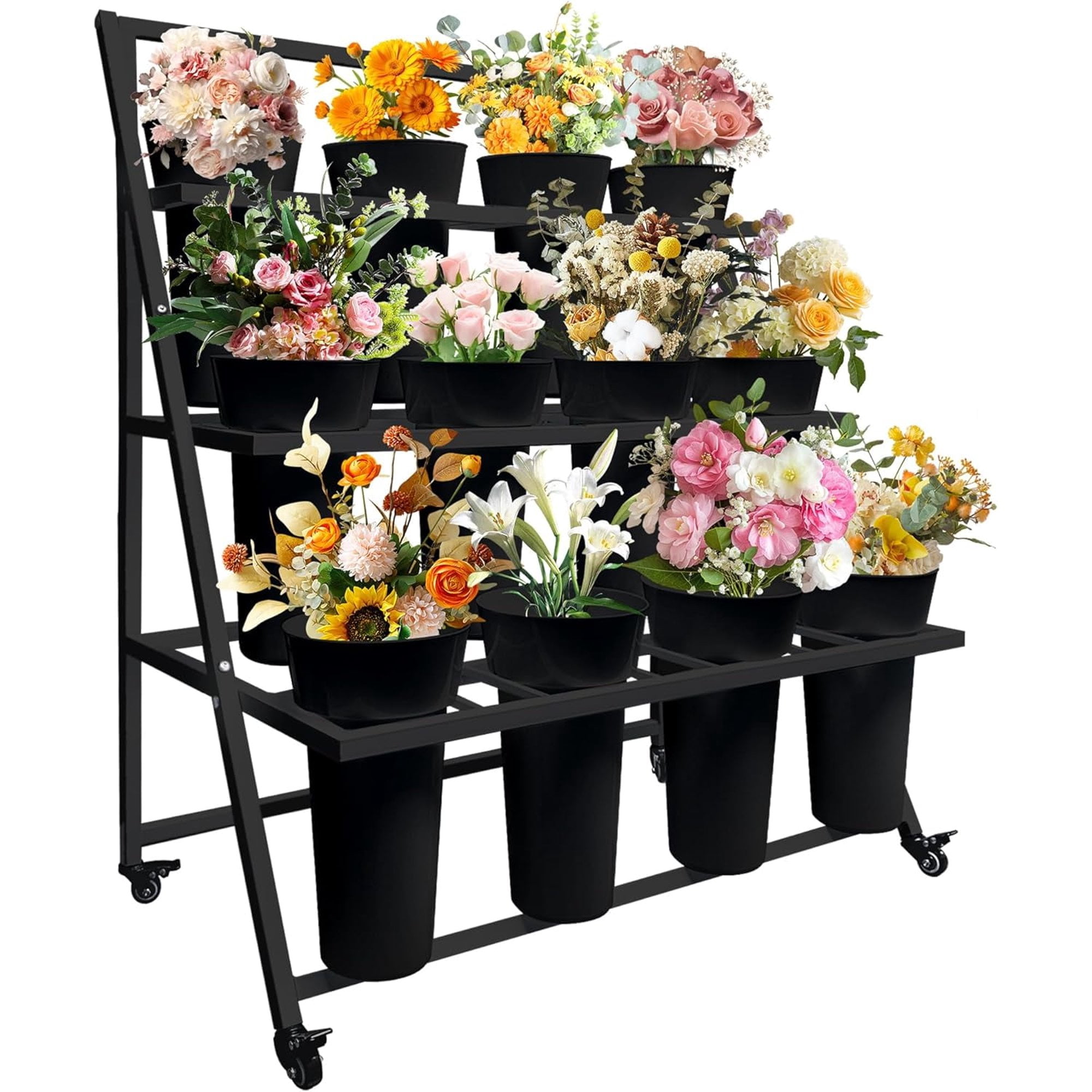 4 Layers Metal Plant Stand with Wheels 16 Buckets, Flower Display Stand ...