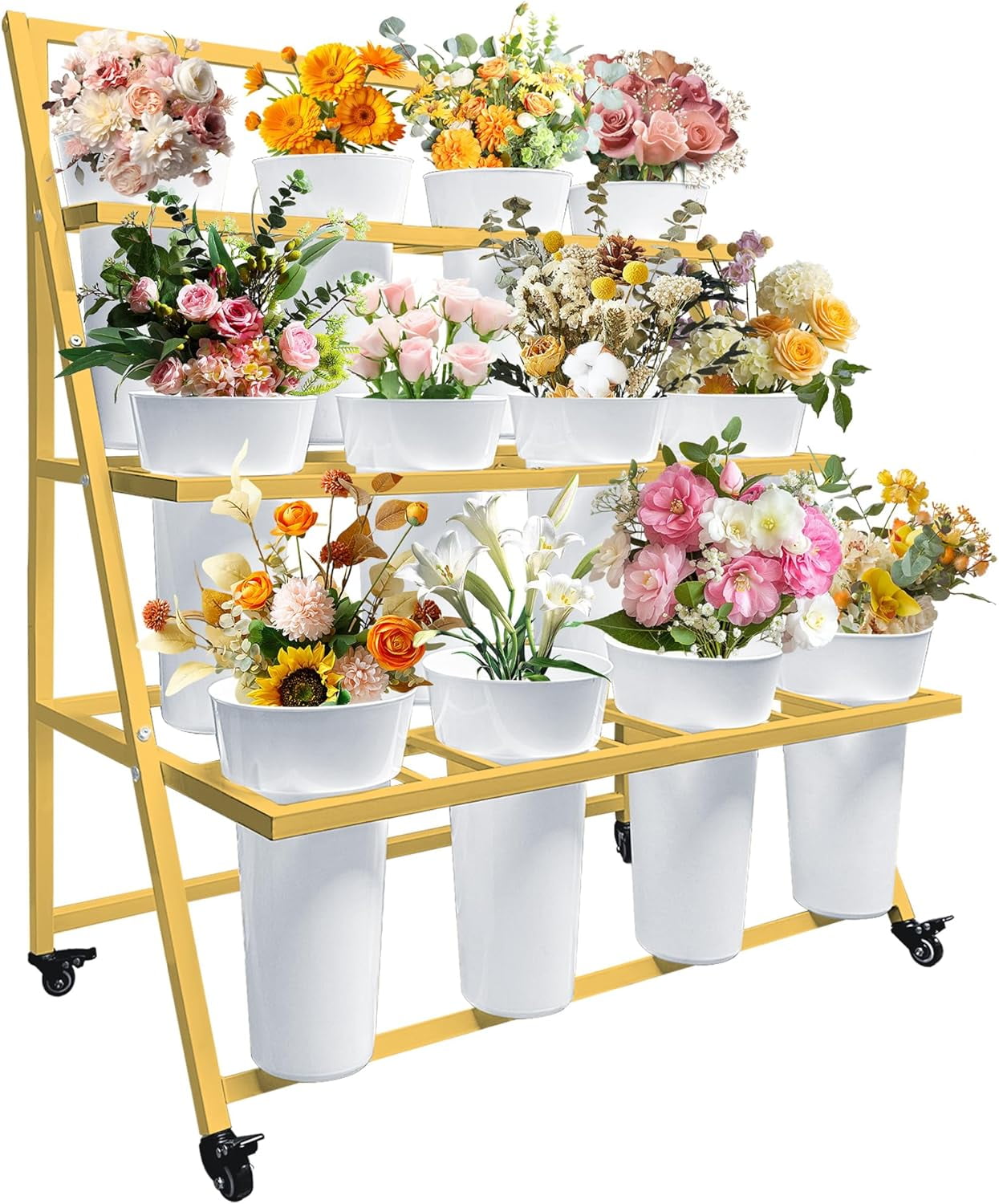 4 Layers Metal Plant Stand with Wheels 16 Buckets, , Flower Display ...