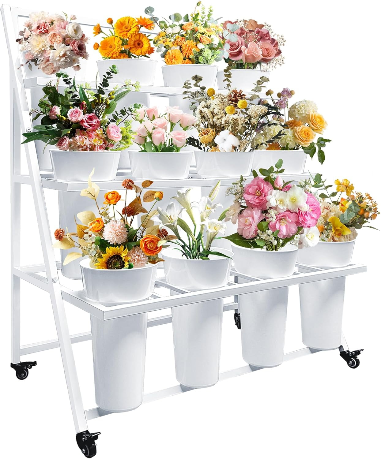 4 Layers Metal Plant Stand with Wheels 16 Buckets, Flower Display Stand ...