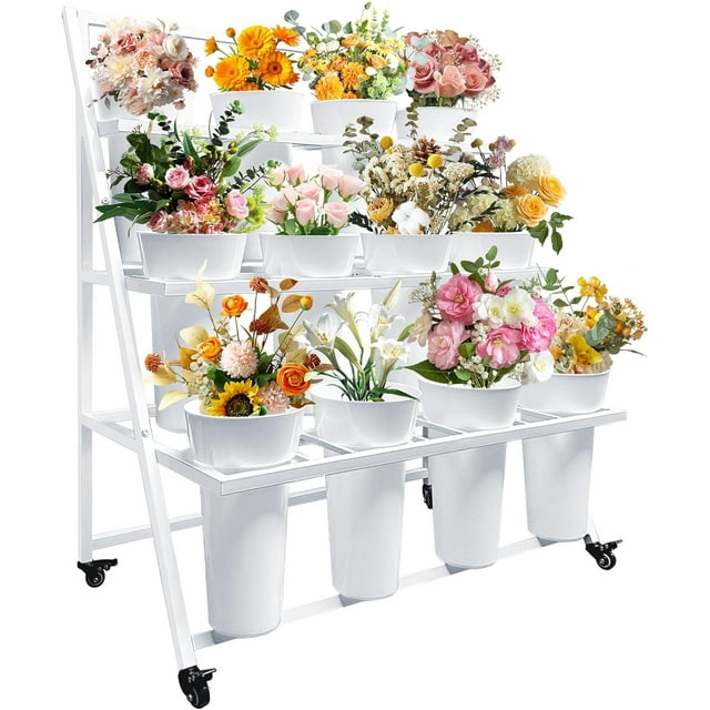4 Layers Metal Plant Stand with Wheels 16 Buckets, Flower Display Stand ...