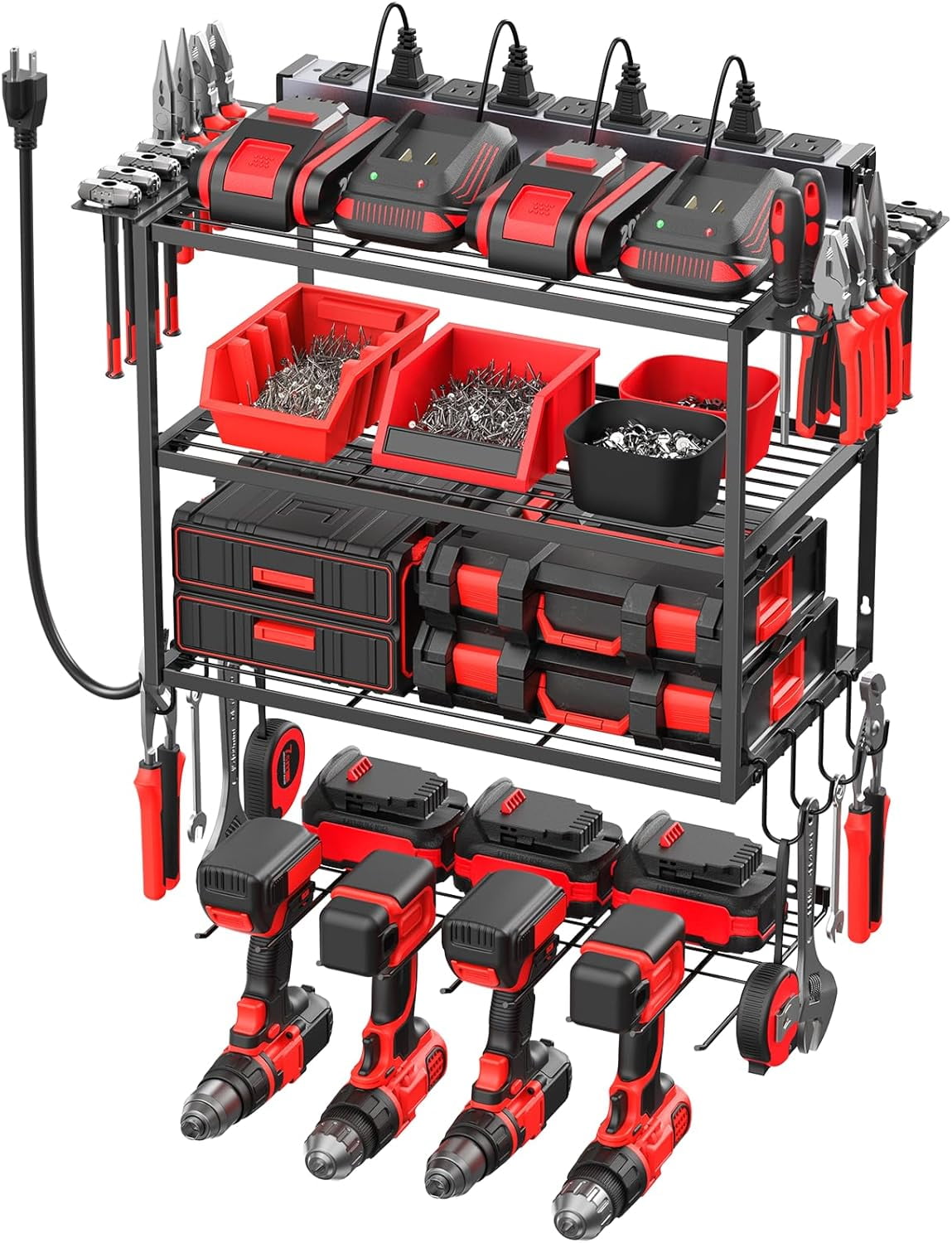 4 Layers Wall Mount Tool Organizer with Charging Station, Garage Tools ...