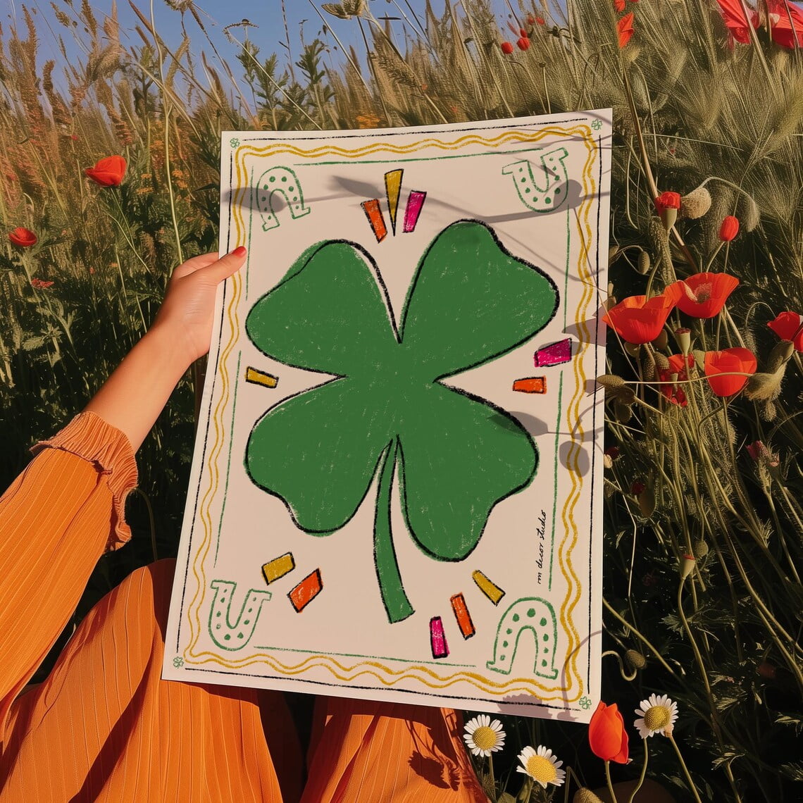 4 Leaf Clover Art Print Poster, Shamrock Print Trendy Retro Print, Clover Illustration, Mid ...