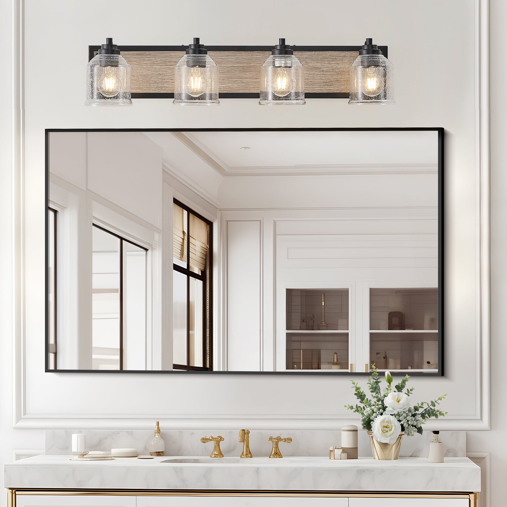 4-Light Bathroom Vanity Light Rustic Black Finish with Wood Backplate ...