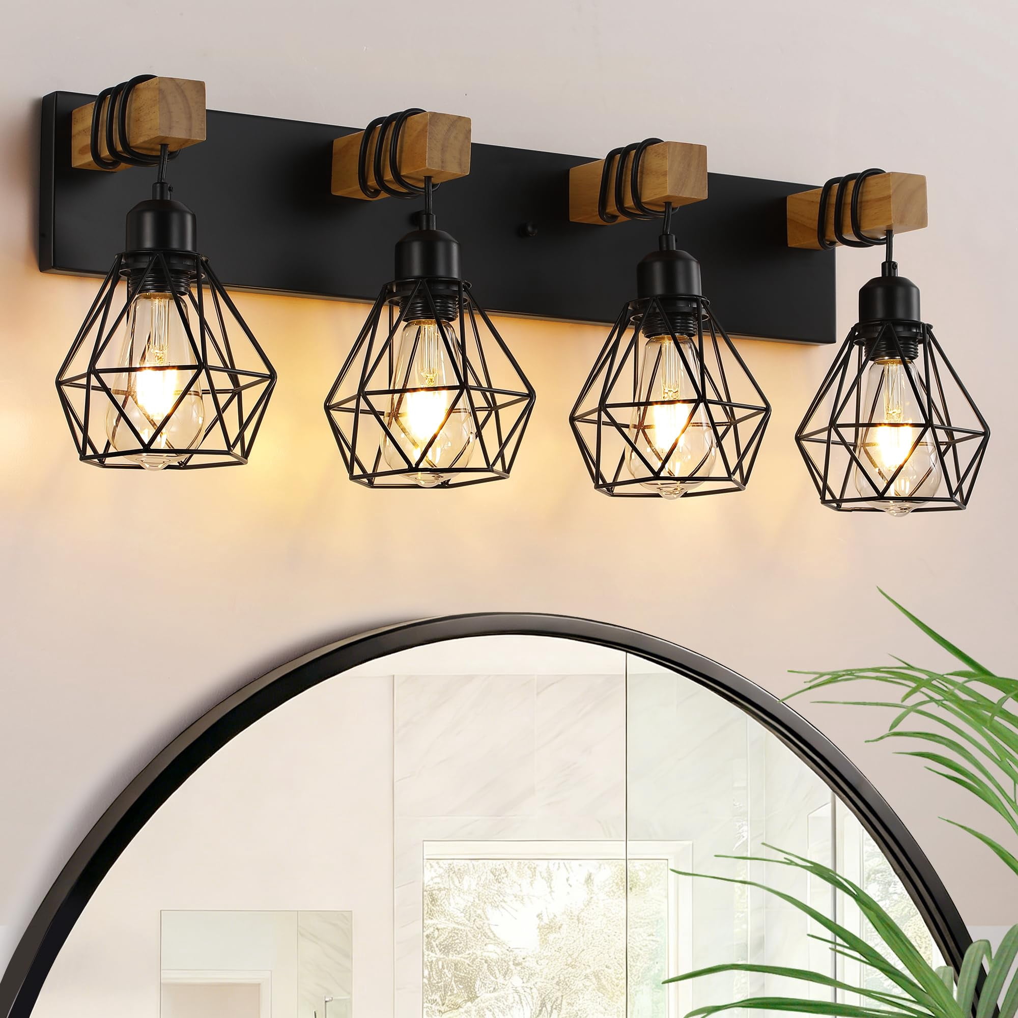 4-Light Black Vanity Light Wood Fixture Rustic Wall Sconce Lighting ...