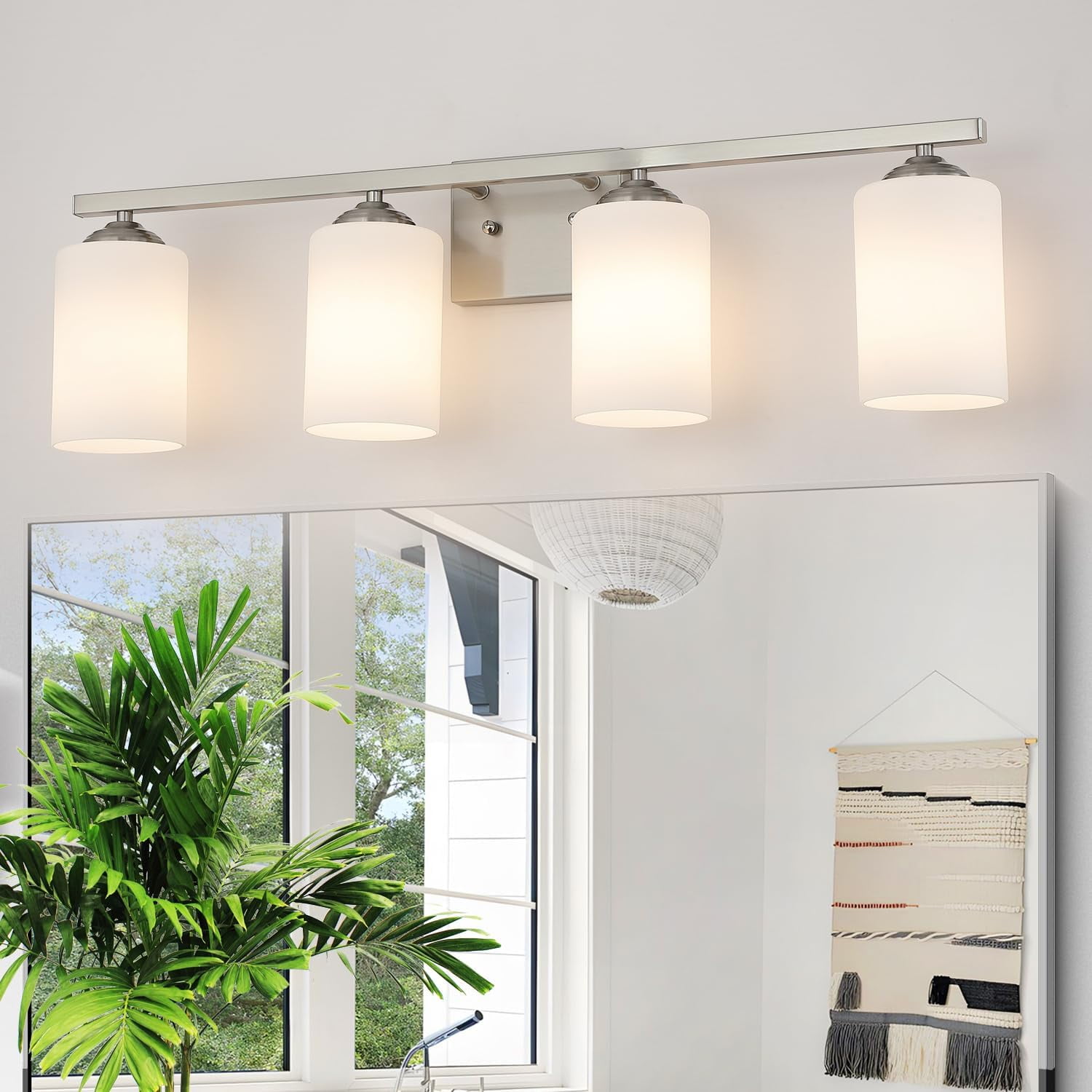 4 Light Brushed Nickel Bathroom Vanity Light Fixtures with Frosted ...