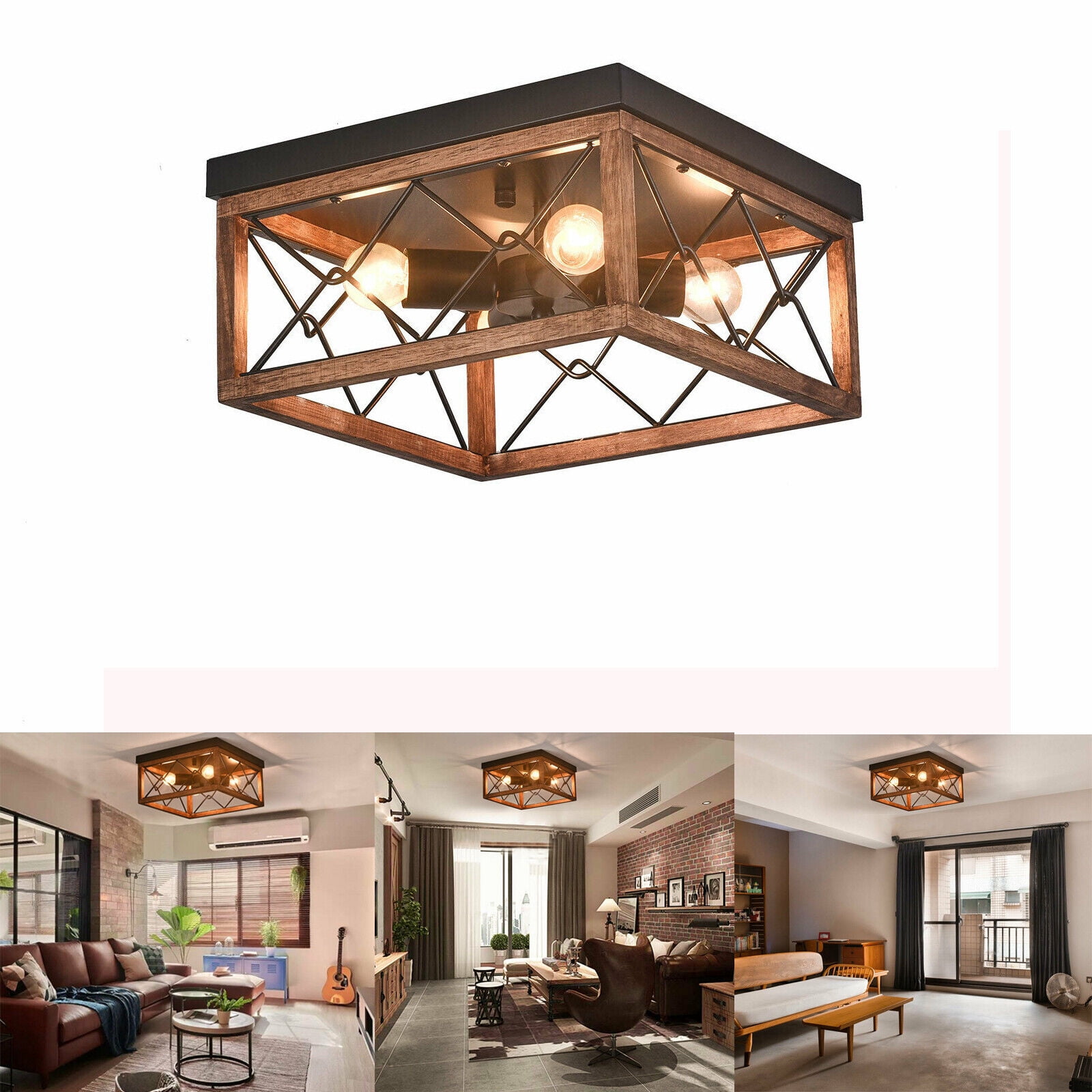 4-Light Farmhouse Flush Mount Light Fixture Rustic Industrial Ceiling ...