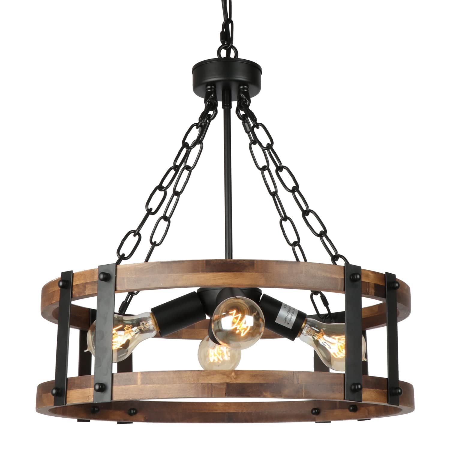 4-Light Farmhouse Rustic Wood Drum Chandelier, Black Metal Accent ...