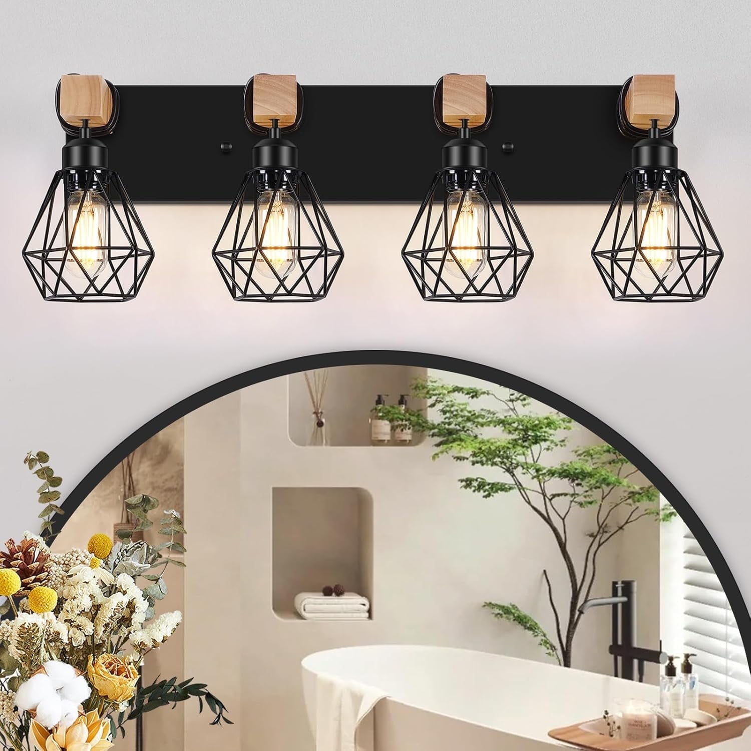 4-Light Farmhouse Wood Bathroom Vanity Lights over Mirror with Metal ...