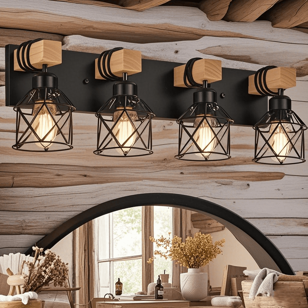 4-Light Farmhouse Wood Bathroom Vanity Lights over Mirror with Metal ...