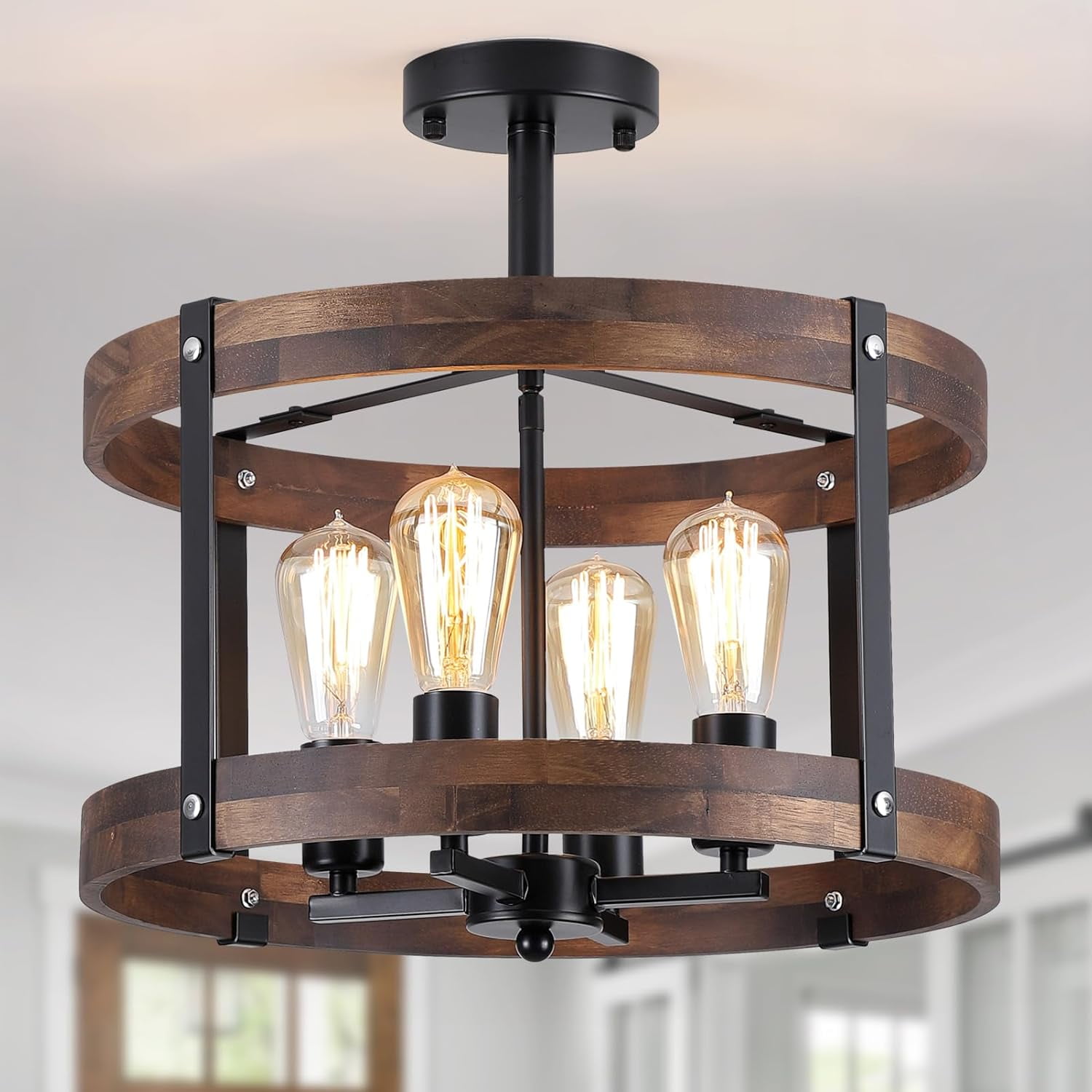 4-Light Large Rustic Farmhouse Flush Mount Ceiling Light Fixture 16.5 ...