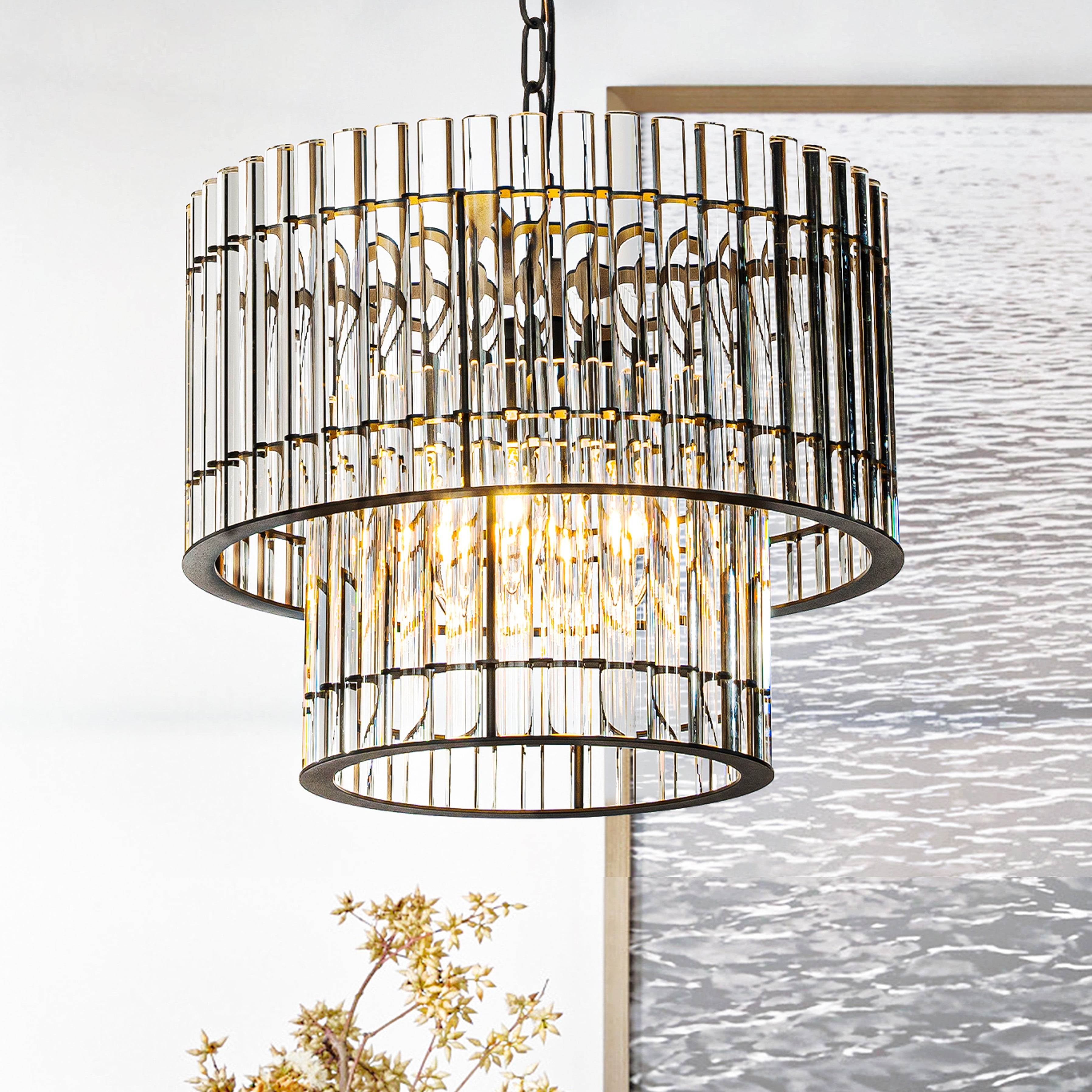 4-Light Modern Luxury Matte Black 2-Tier Round Chandelier 16'' With ...