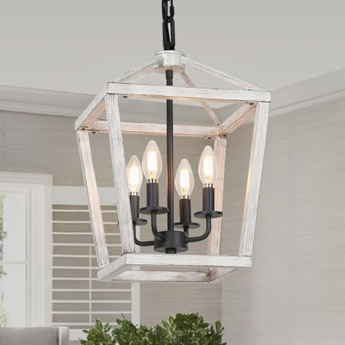 4 Light Rustic Chandelier, Farmhouse Lantern Fixture with Brushed White ...