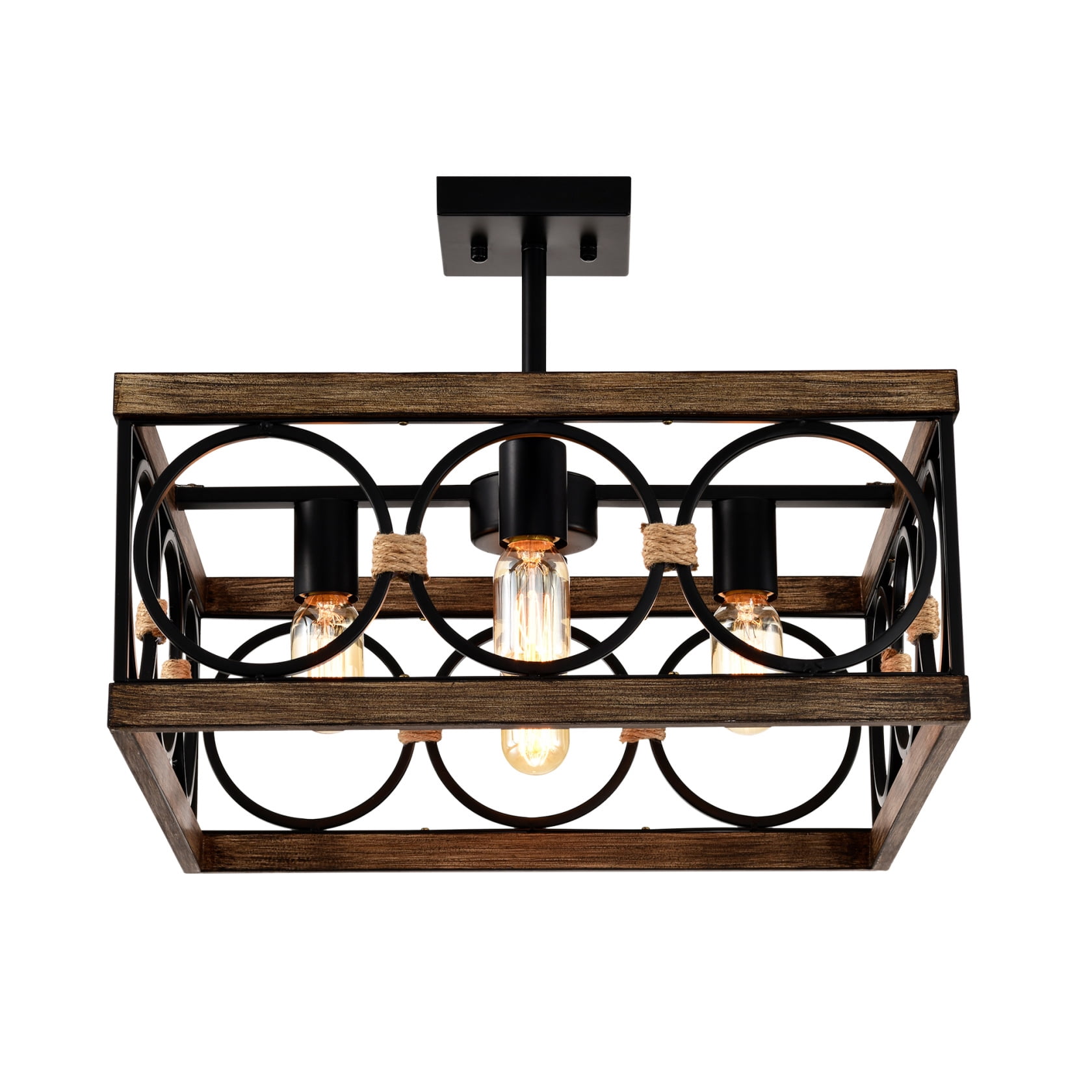 4-Light Square Kitchen Island Ceiling Light Fixture, Wood and Black ...