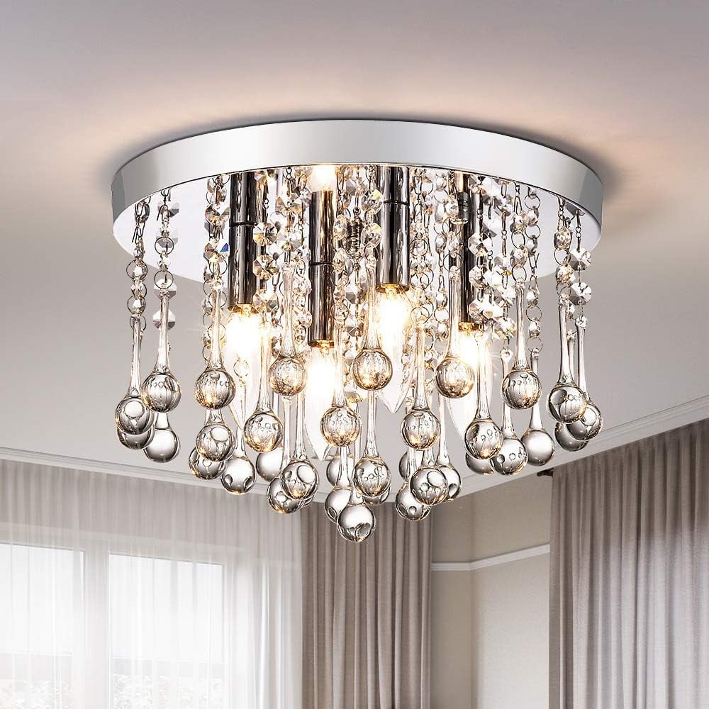 4 Lights Crystal Chandelier, 12" Modern Chrome Ceiling Light Fixture ...