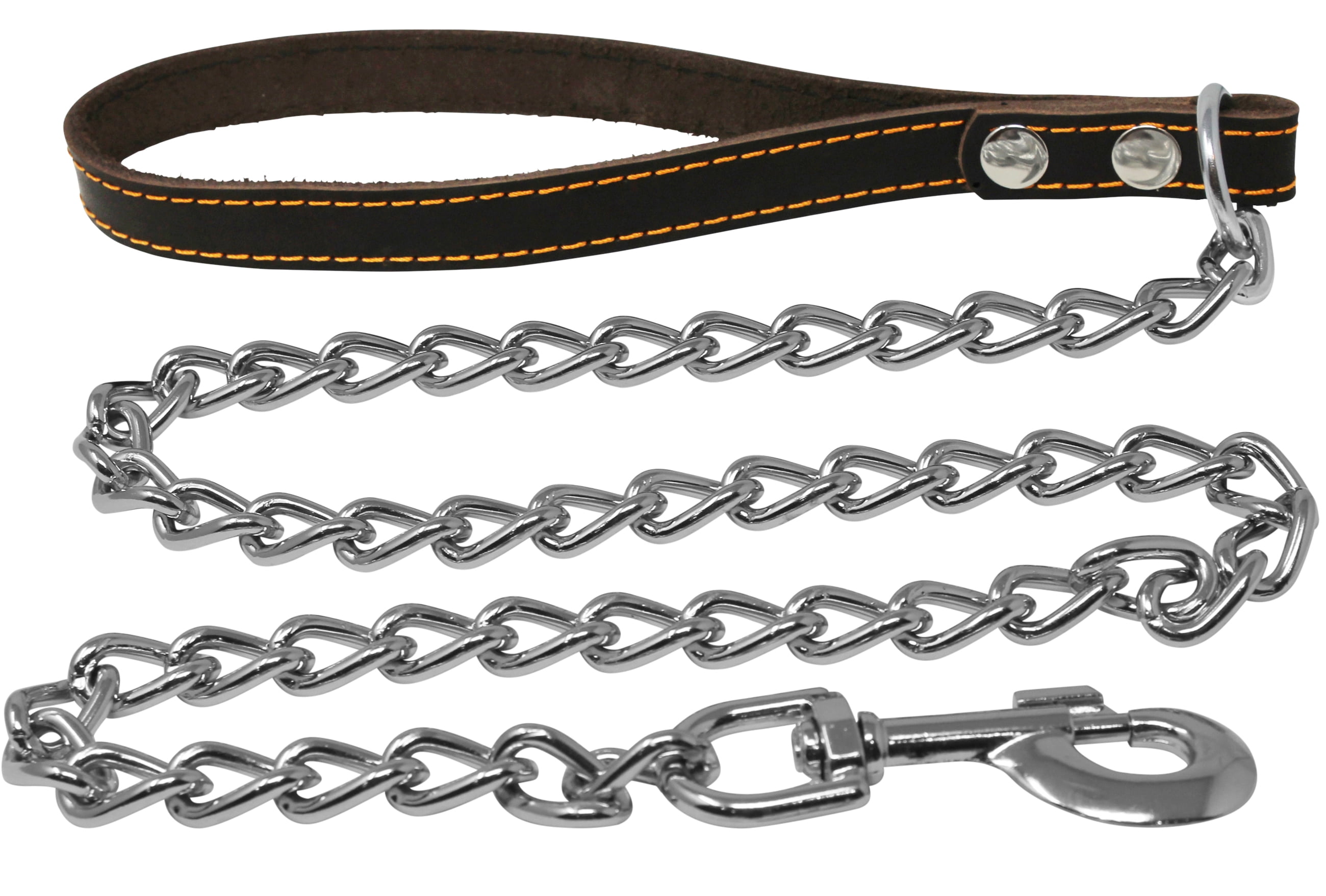 4' Long Metal Chain Leash Brown Stitched Genuine Leather Handle 5 Sizes ...