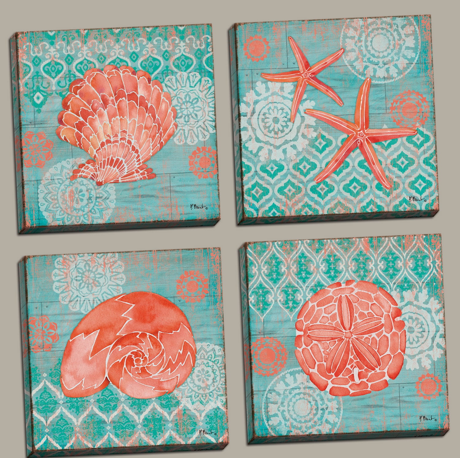 4 Lovely Teal and Coral Watercolor-Style Ocean Seashell Sand Dollar and ...
